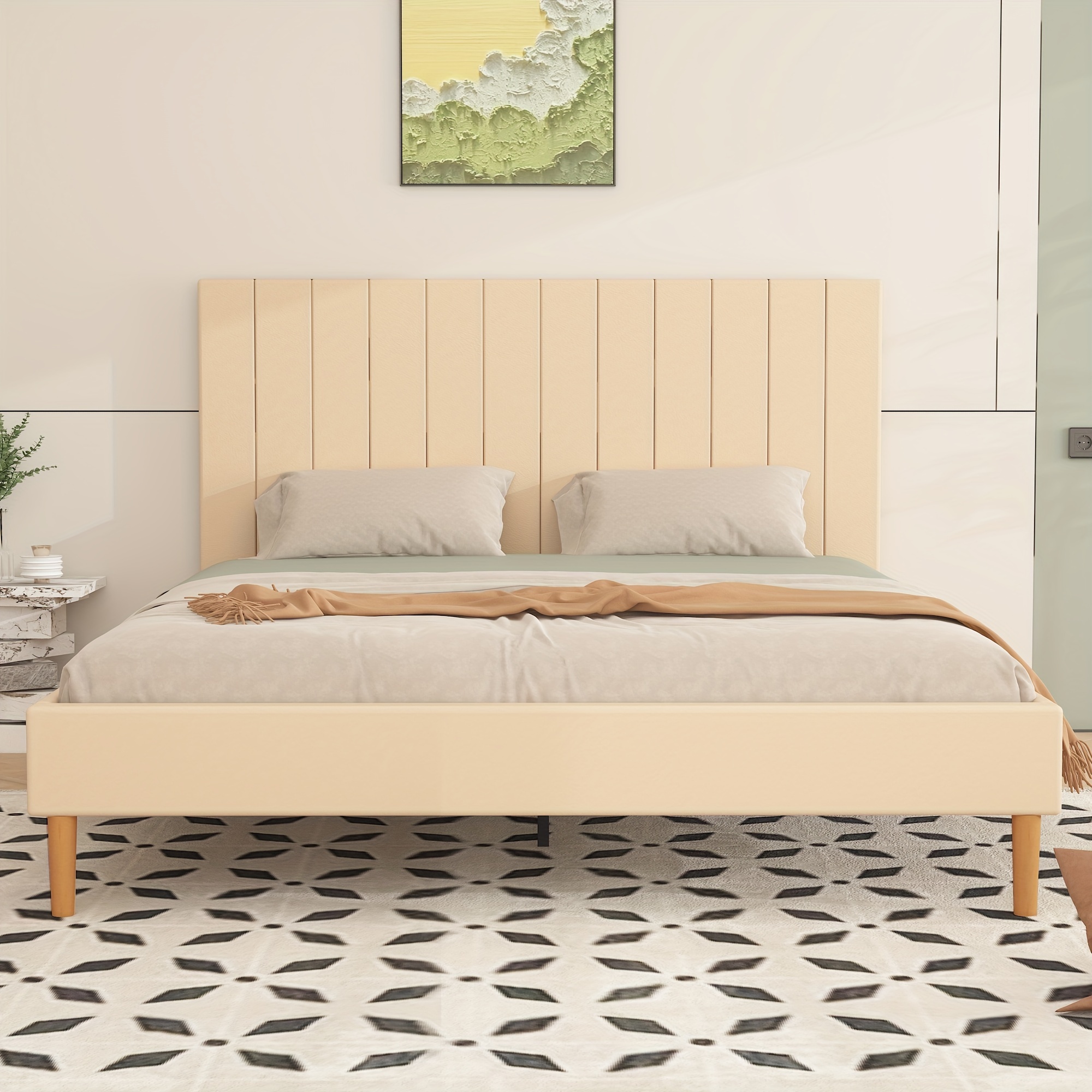 Queen Size Wood Slat Bed Frame 800 Lbs Capacity With Pu Leather ...