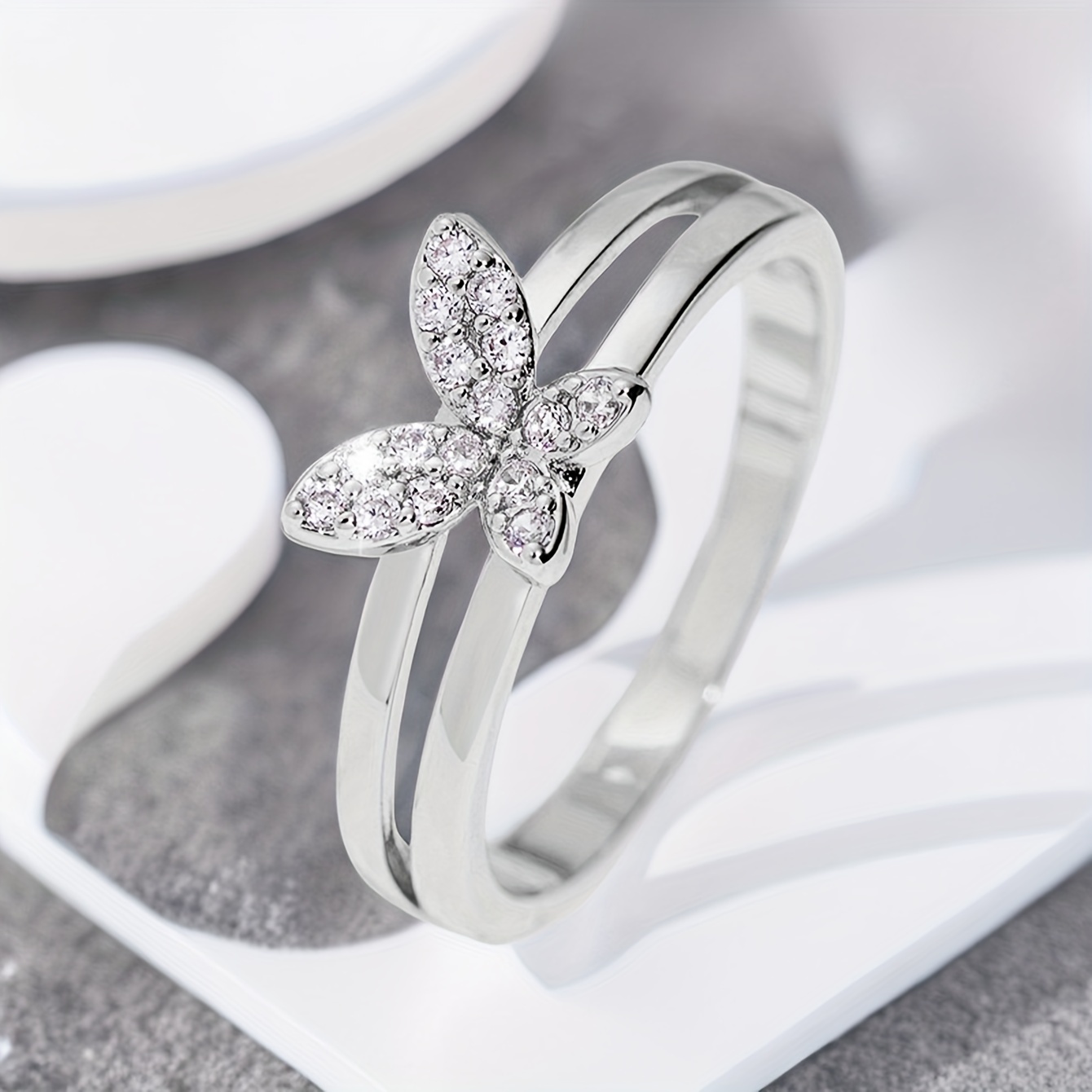 Shiny White Zircon Butterfly Band Ring Elegant Copper Finger - Temu ...