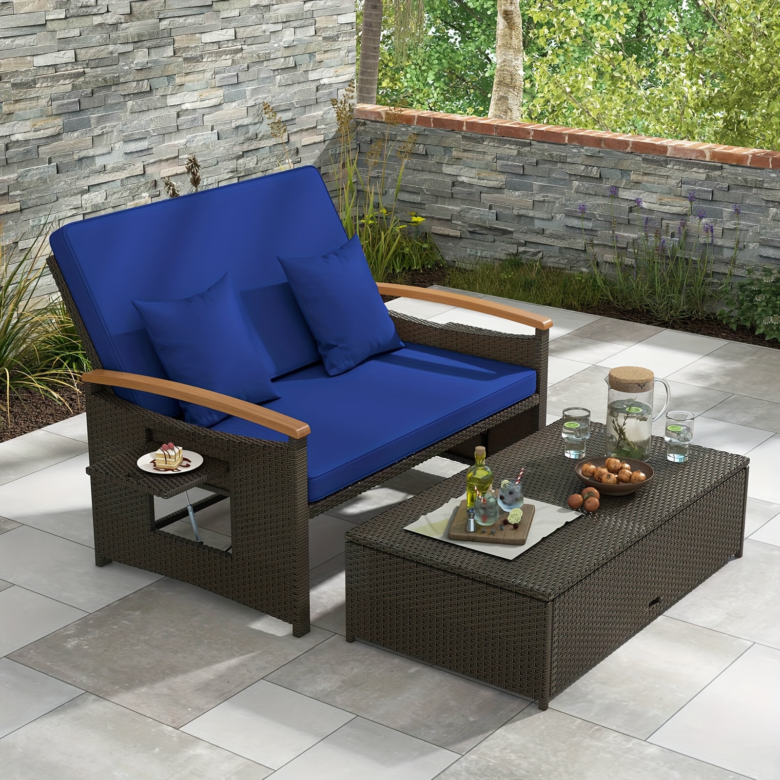 Patio Rattan Daybed Set With Cushioned Loveseat Storage Ottoman For ...