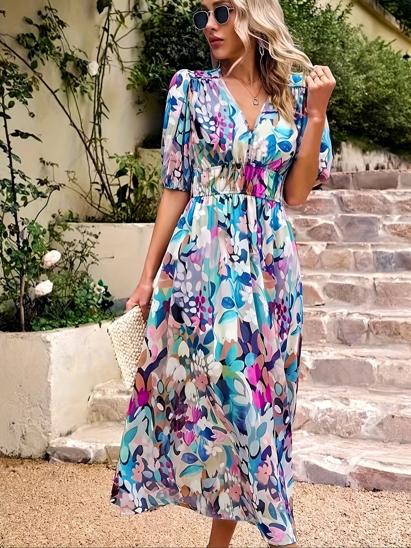 Allover Print V Neck Dress Elegant Short Sleeve Dress Spring - Temu Canada