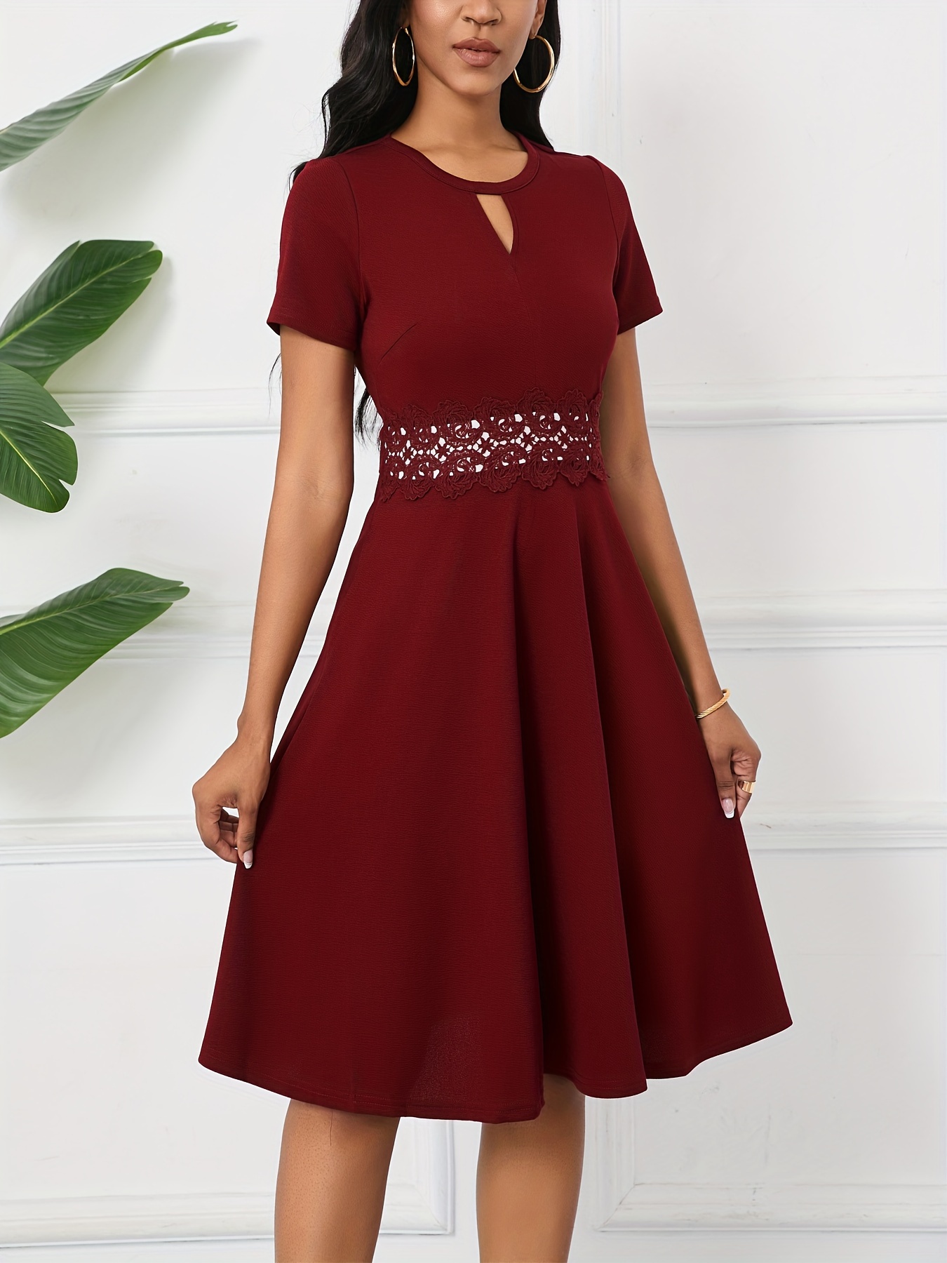 Keyhole Contrast Lace Dress Vintage Short Sleeve A Line - Temu