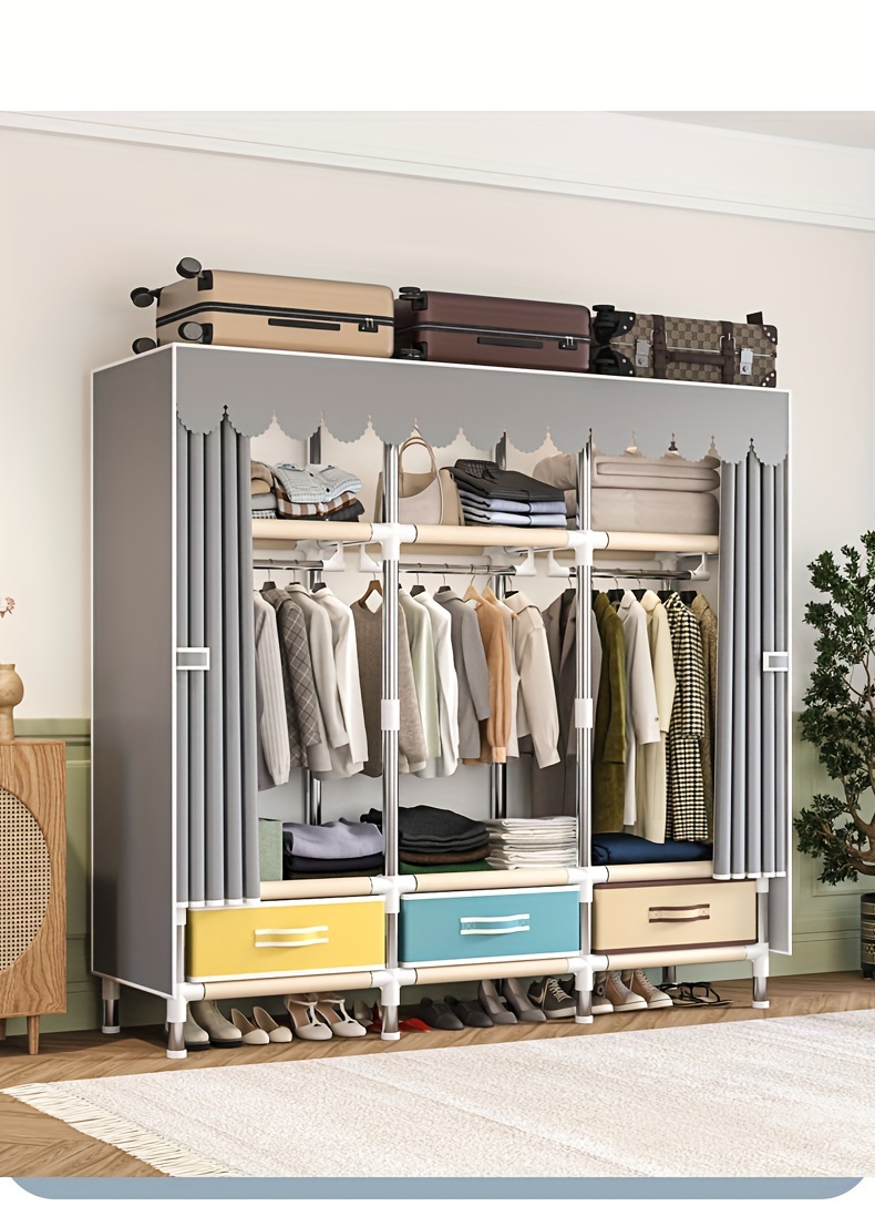 1pc Large Capacity Freestanding Canvas Wardrobe Closet, With 3 Hanging ...
