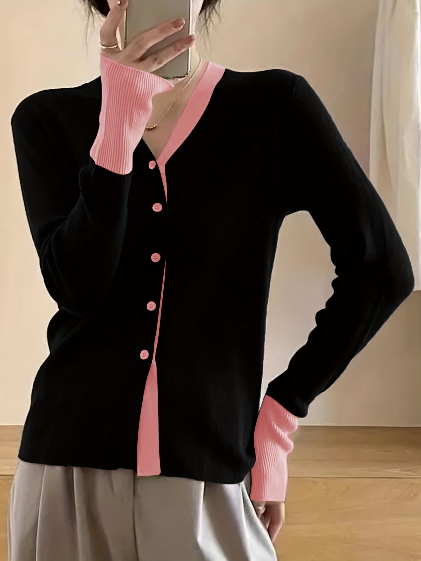 Color Block Button Front Cardigans Casual V Neck Long Sleeve - Temu