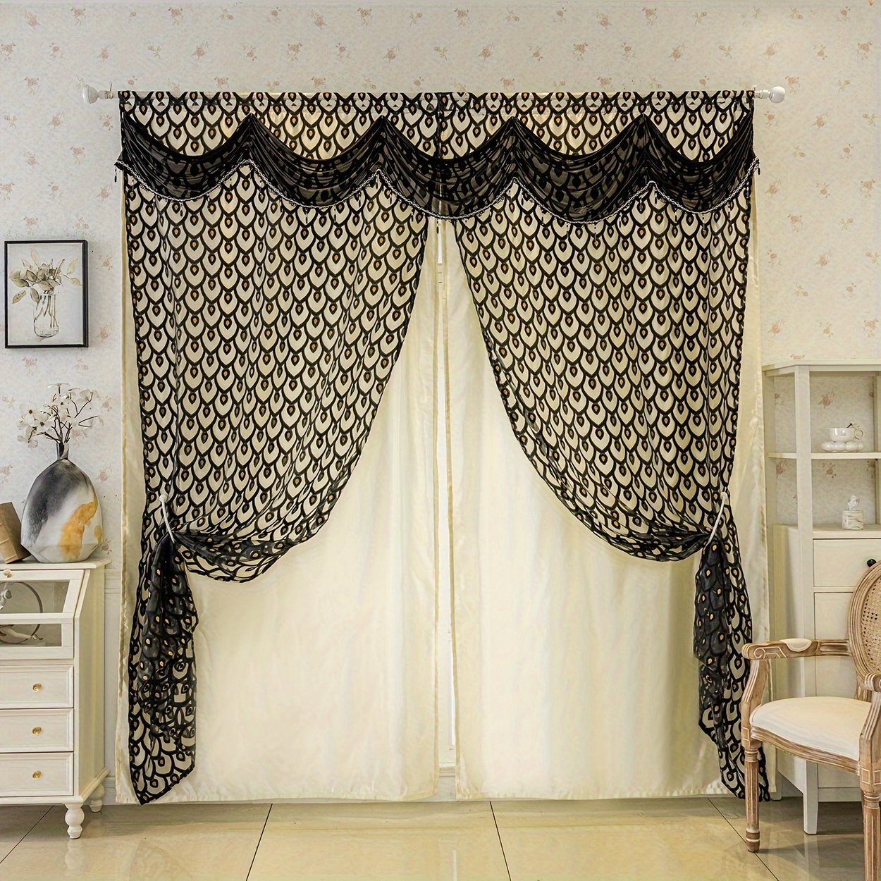 Vintage European Jacquard Leaf Pattern Double-layer Curtains With ...