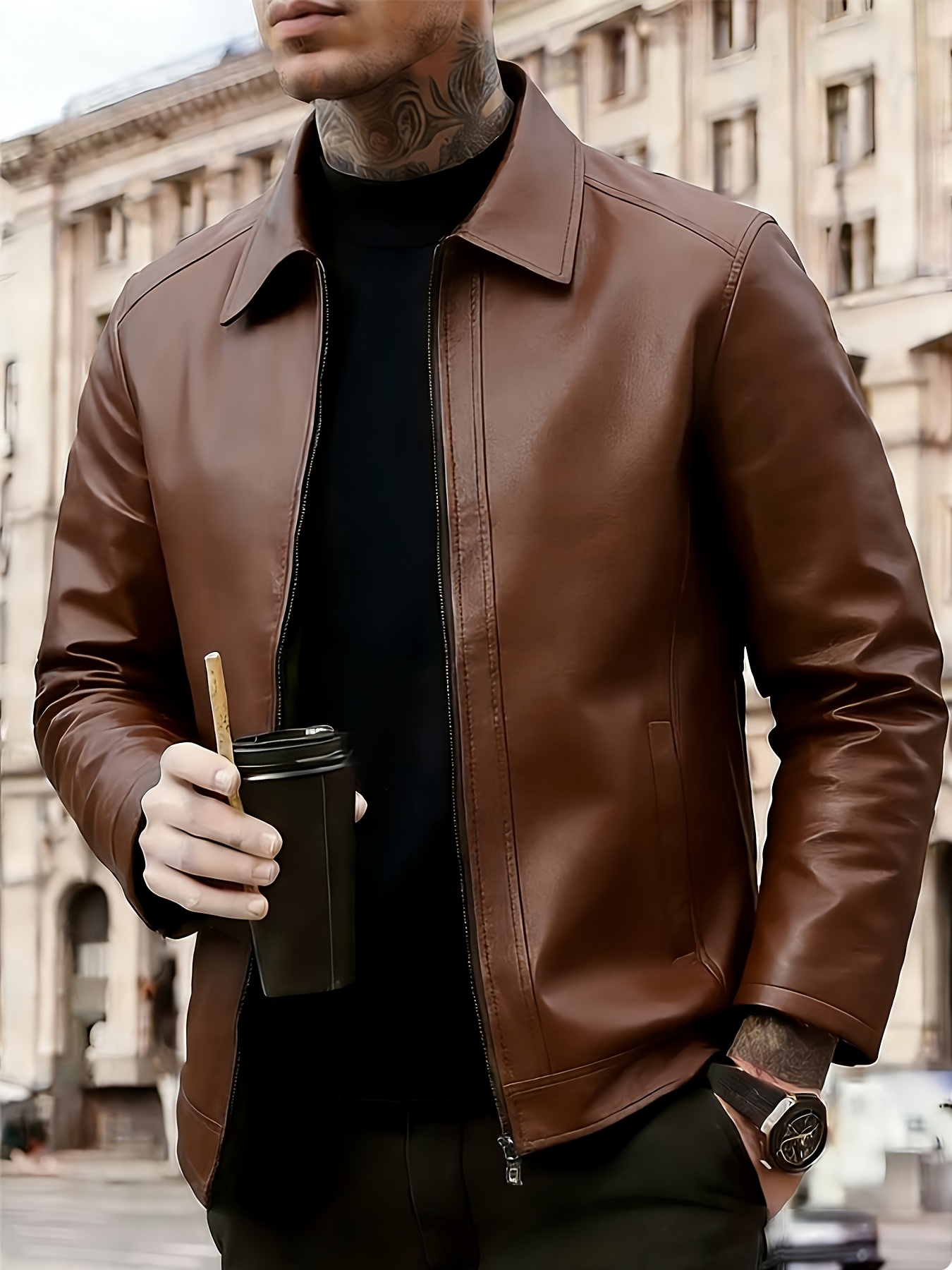 faux leather jacket mens sold on Temu United States