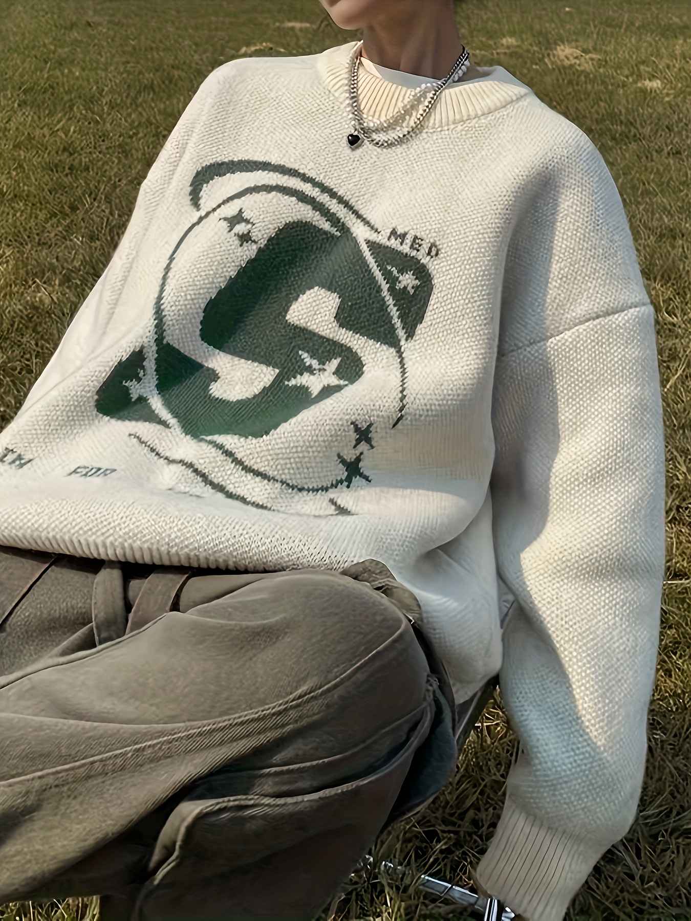 letter pattern crew neck pullover sweater casual long sleeve - Temu ...