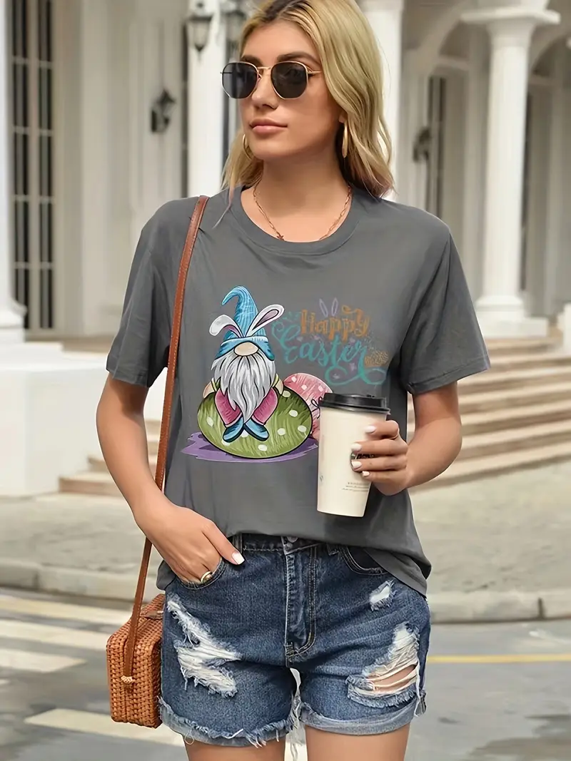 Happy Easter Print T Shirt Plus Size Casual Crew Neck Short Temu Canada
