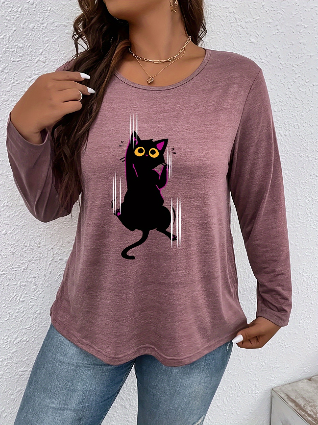 Cat Print T shirt Plus Size Casual Crew Neck Long Sleeve T - Temu New ...