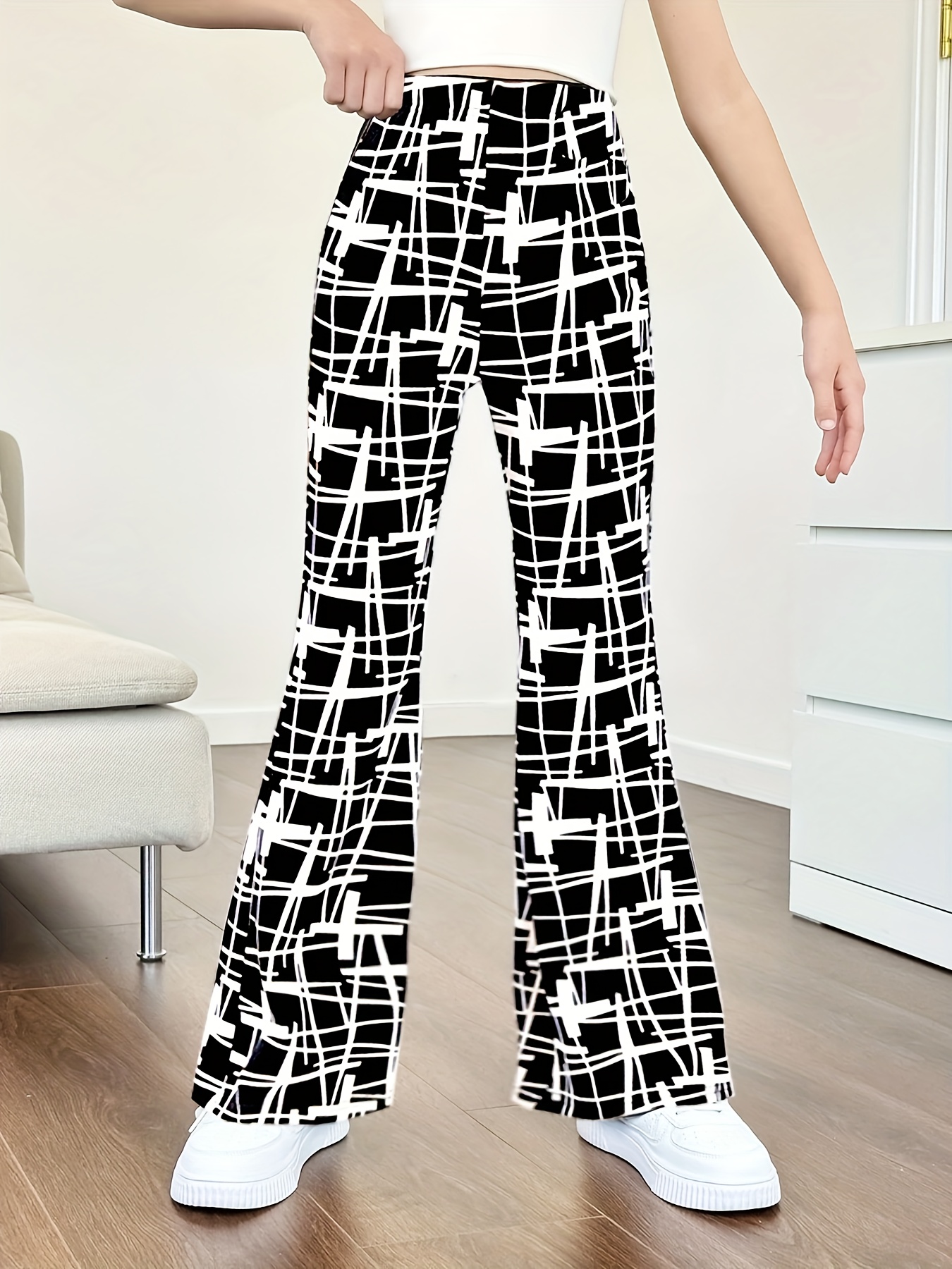 Girls Chic Lines Full Print Fashion Simple Flared Pants Slim - Temu ...
