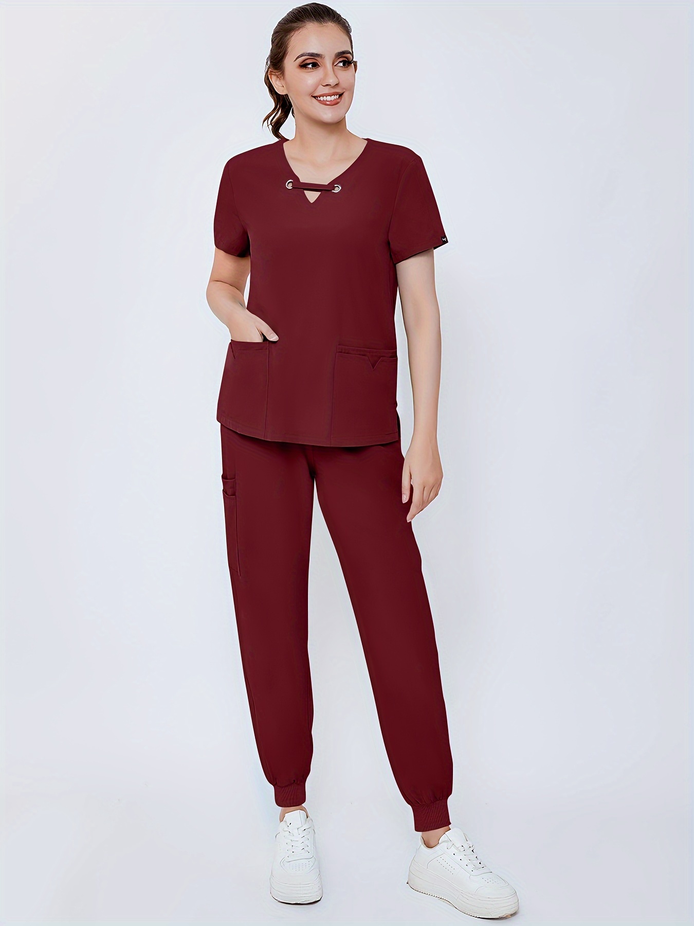 Solid Two piece Set Elegant Long Sleeve Scrub T shirt - Temu