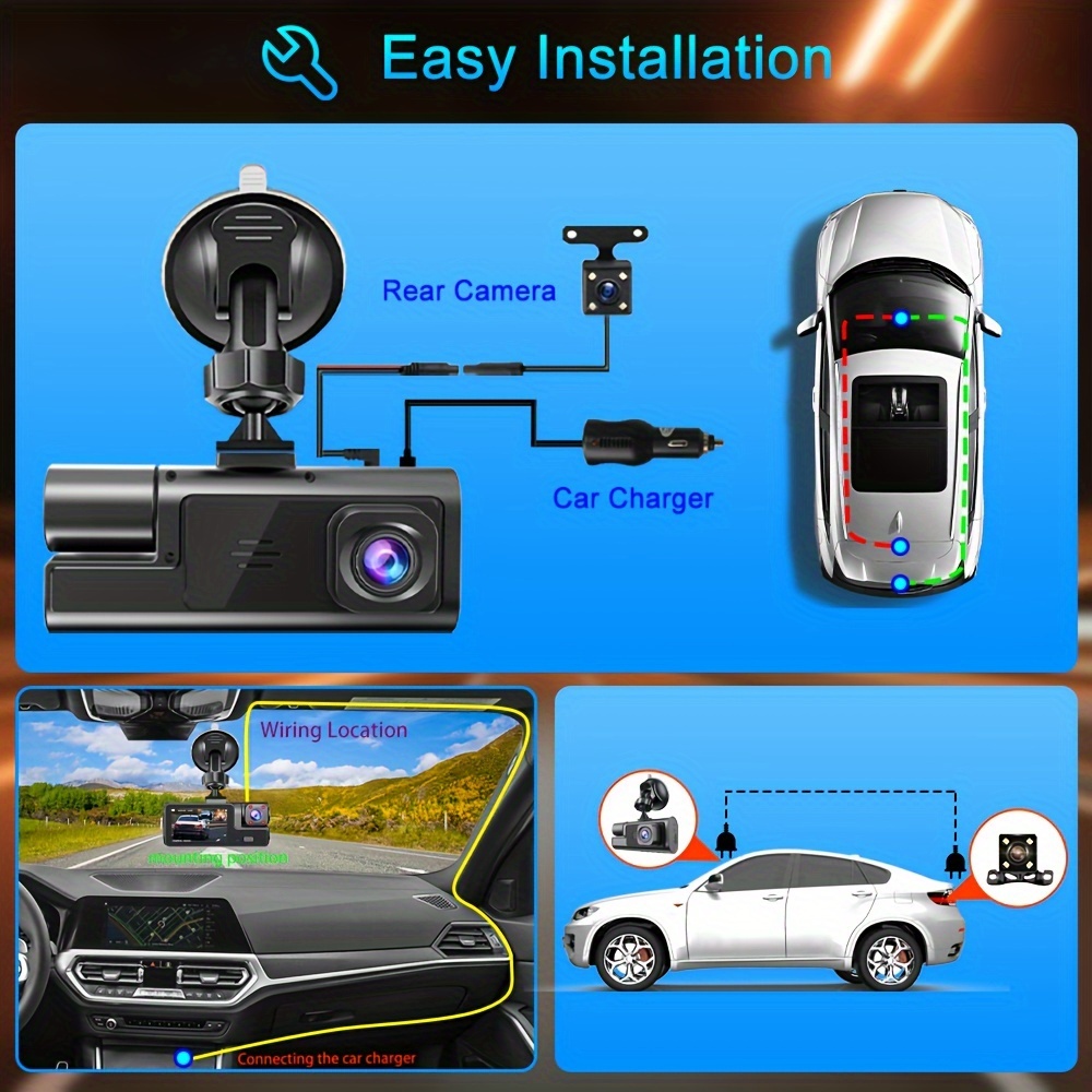 1080p Triple Lens Dash Cam Wi fi Front Rear Cabin Car Camera - Temu ...