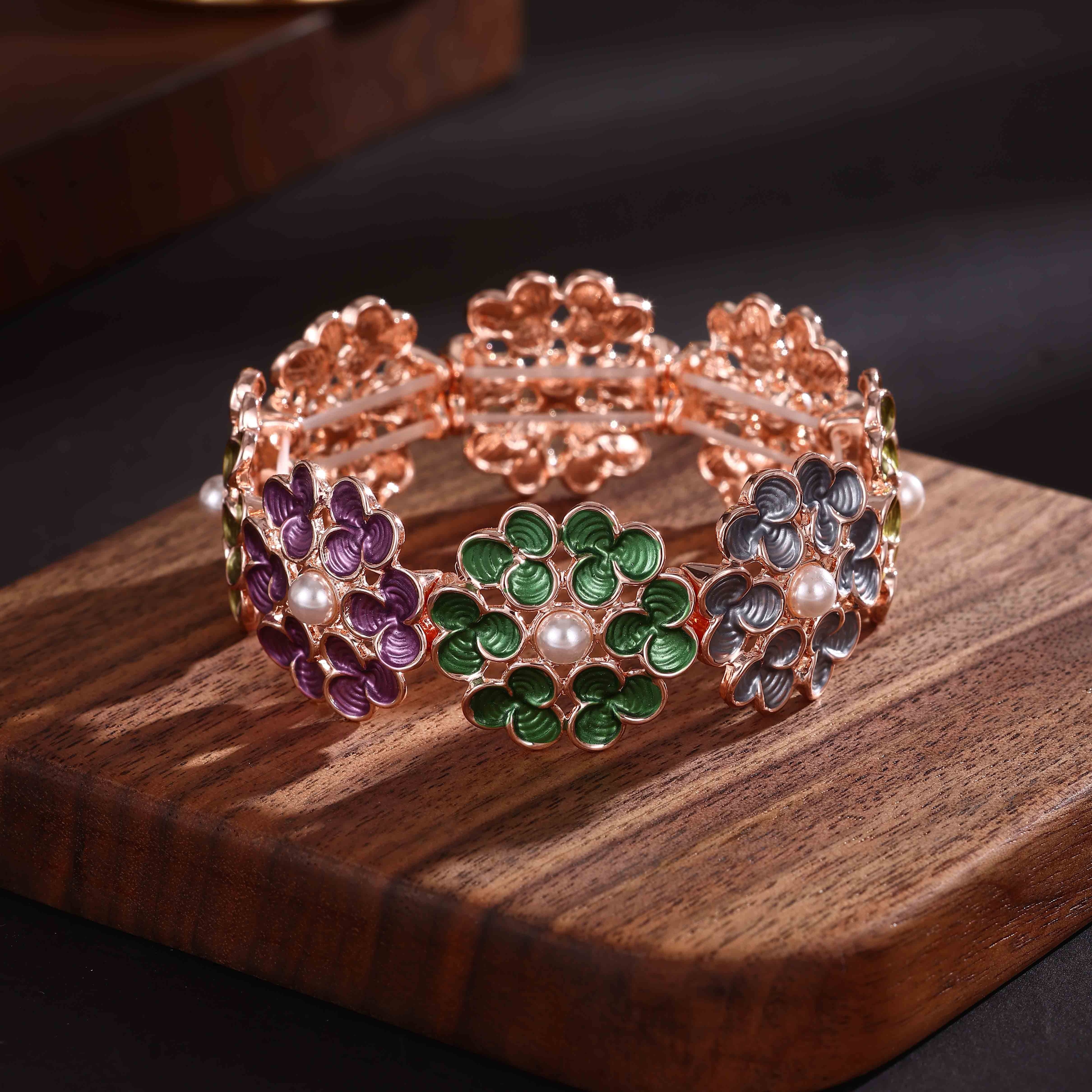 Colorful Round Flower Faux Pearl Alloy Bracelet Handmade - Temu Australia