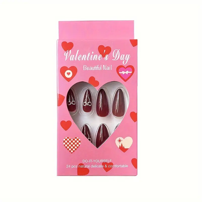 Glossy Red Press Nails Bow Nails Medium Almond Square Temu Kuwait