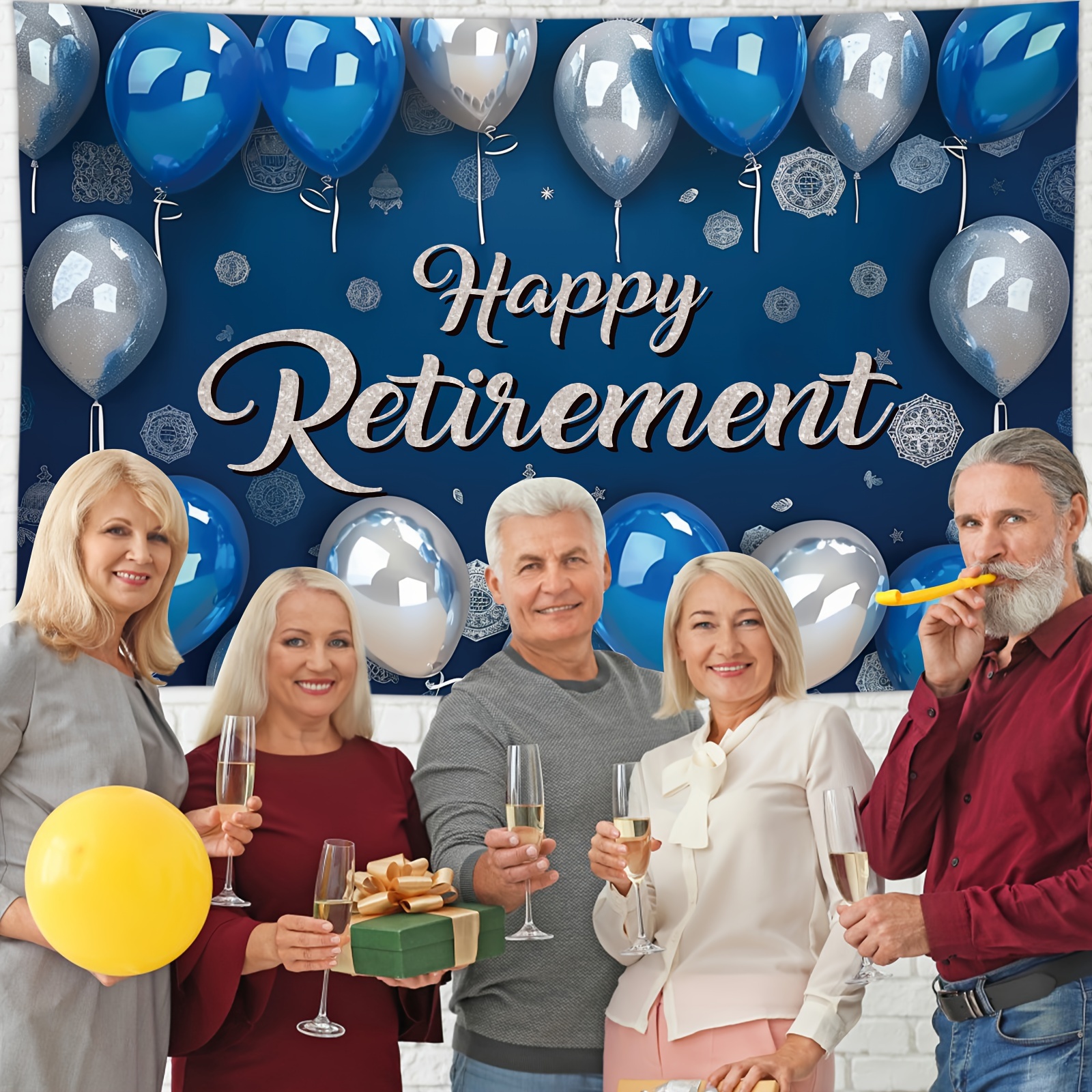 Happy Retirement Backdrop Blue Sliver Congrats Retire - Temu