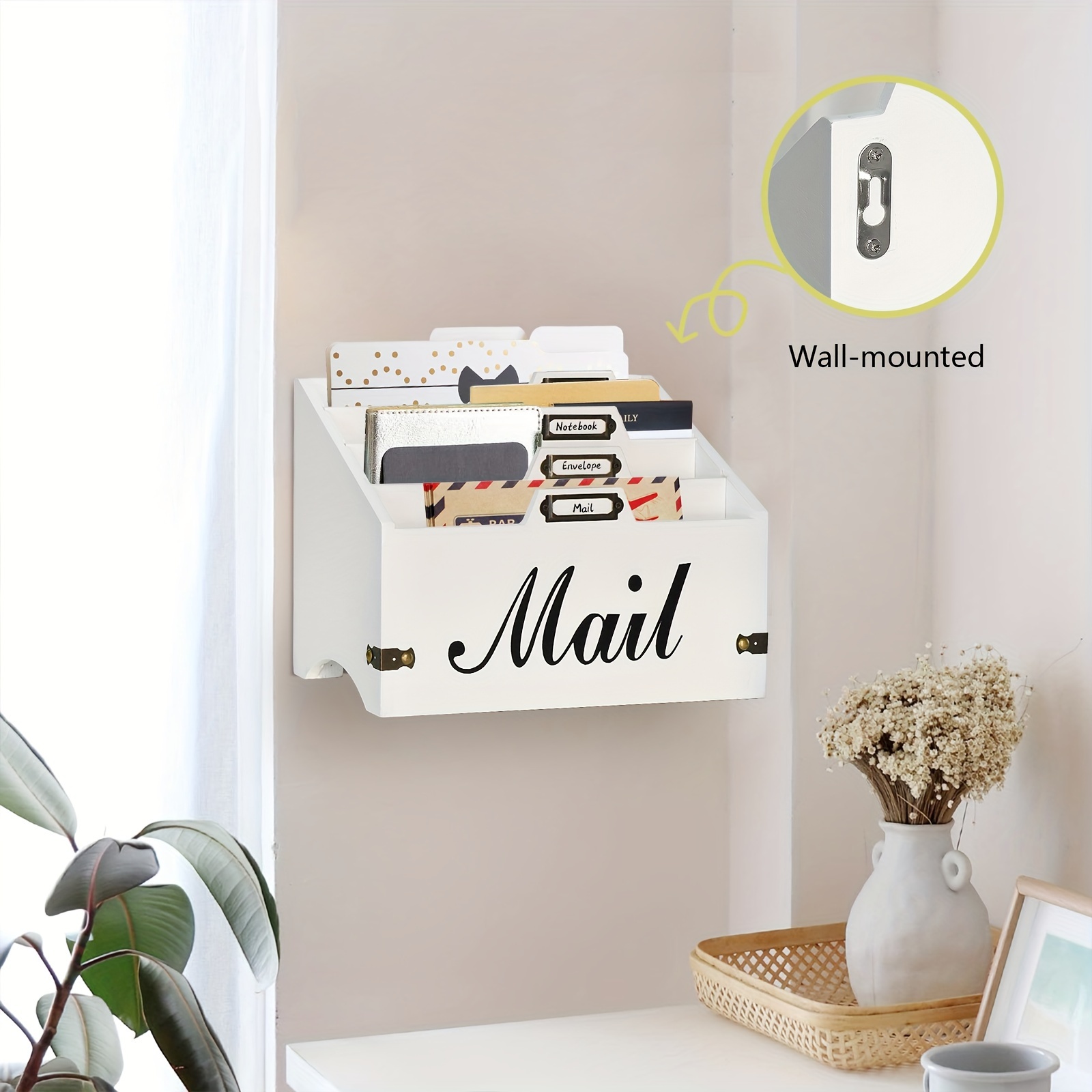 Wood Mail Organizer Countertop, Desktop Mail Organizer With 4 ...