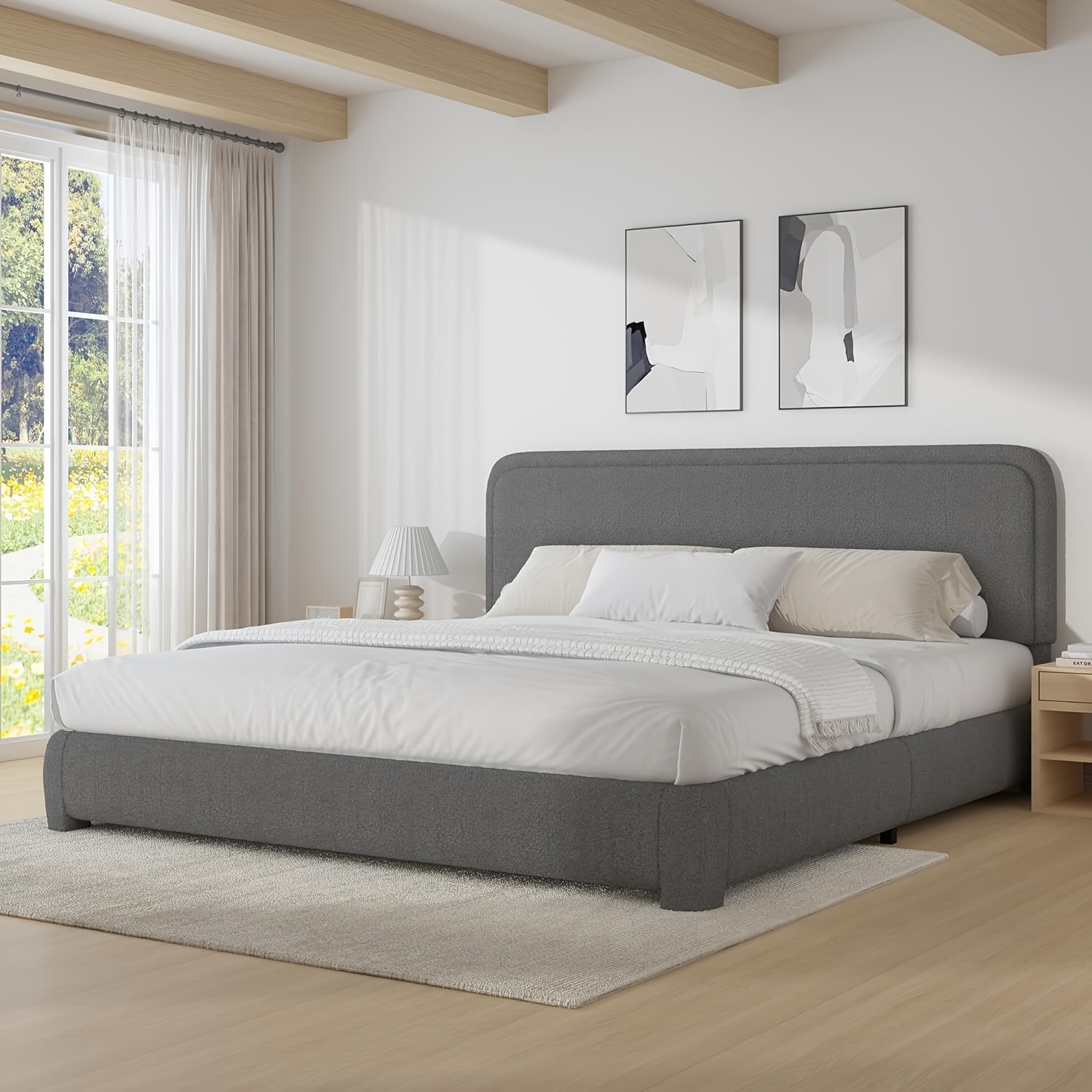 boucle upholstered platform bed frame headboard Temu