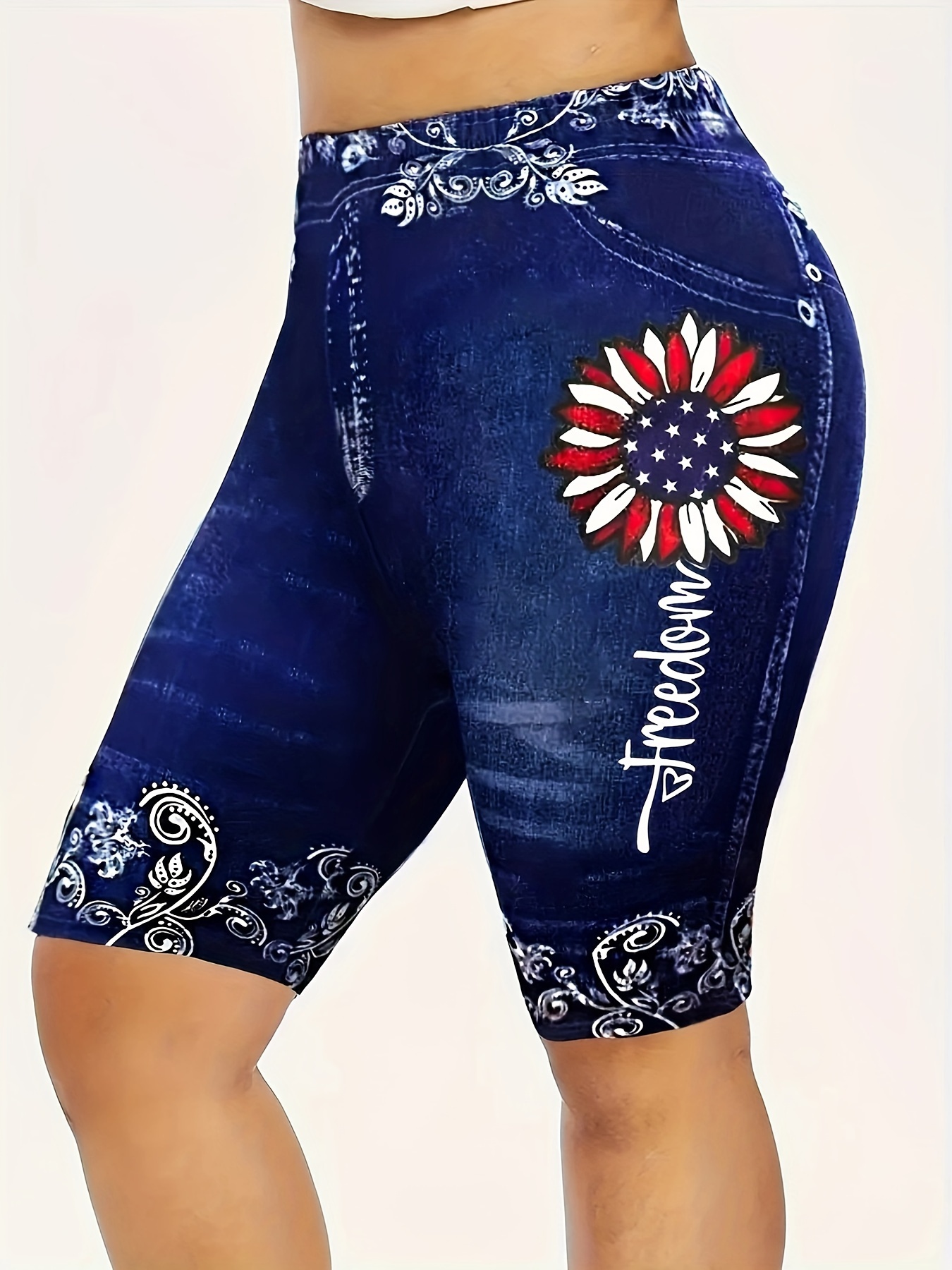 Plus Size Casual Denim Print Shorts Women's Plus Floral - Temu