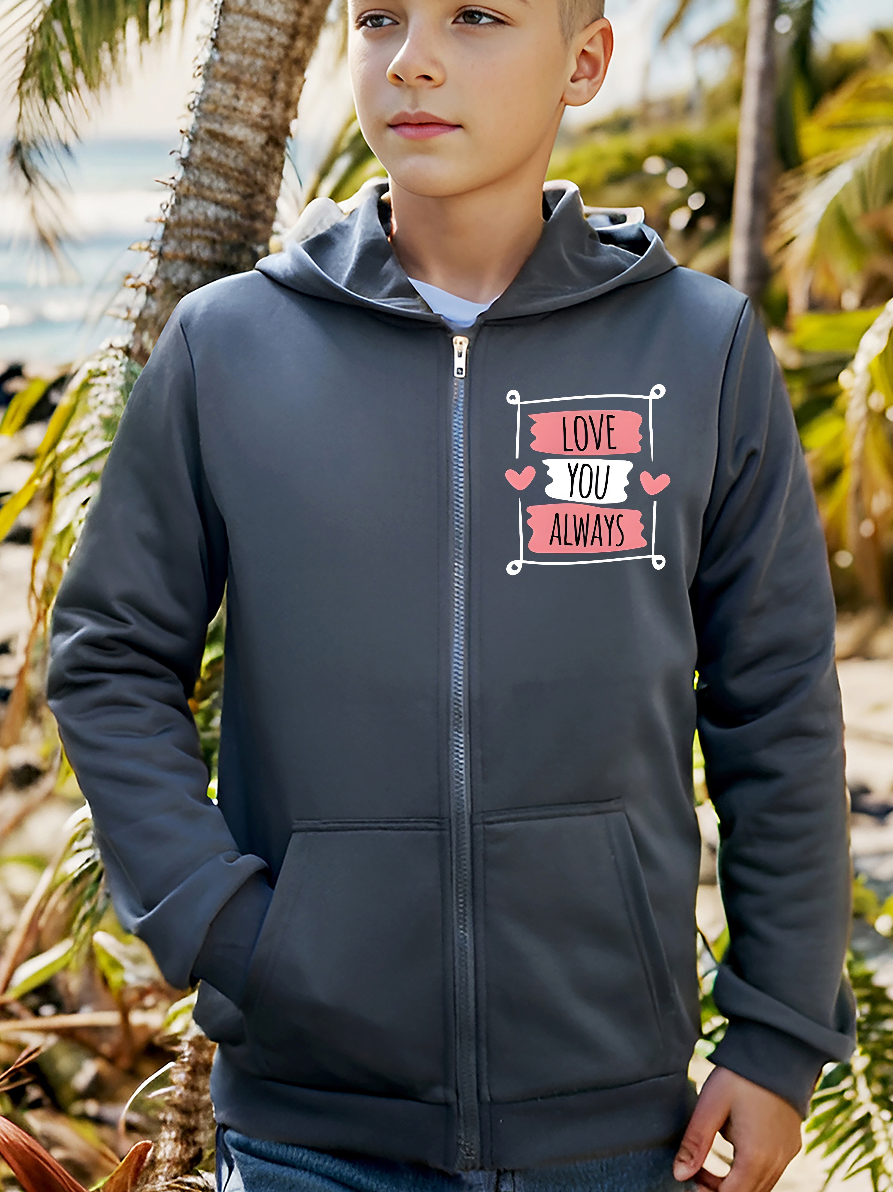 Love Always Letter Print Zip Hooded Jacket Boys/girls Casual - Temu New ...