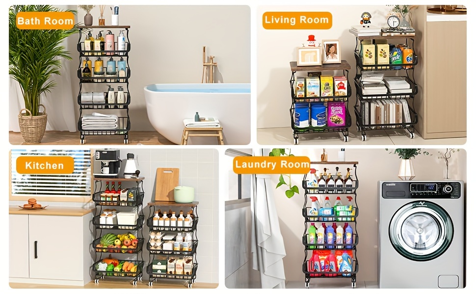 5 layer stackable wire fruit vegetable storage basket wooden - Temu