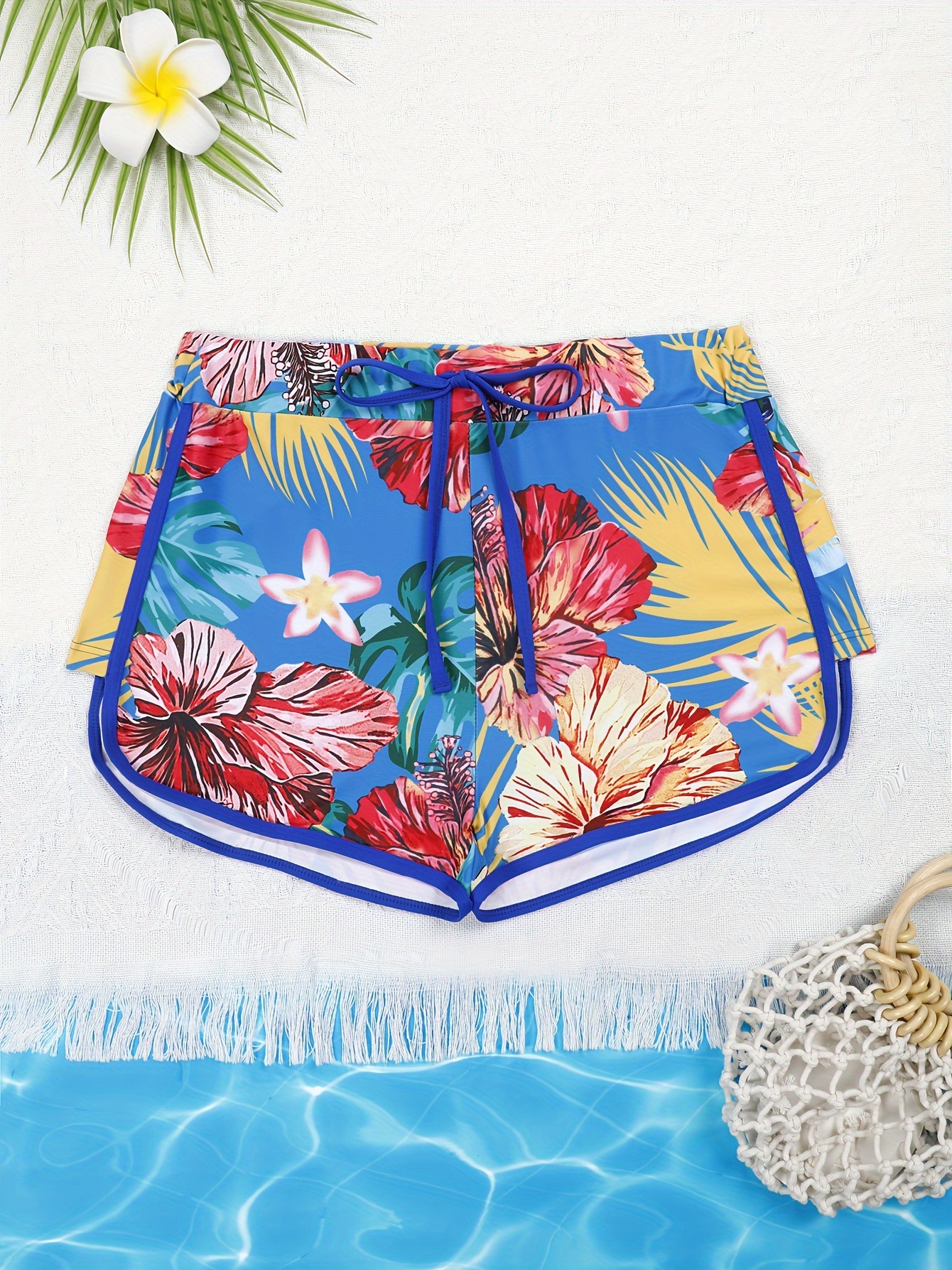 Tropical Print Drawstring Beach Swim Shorts High Stretch - Temu