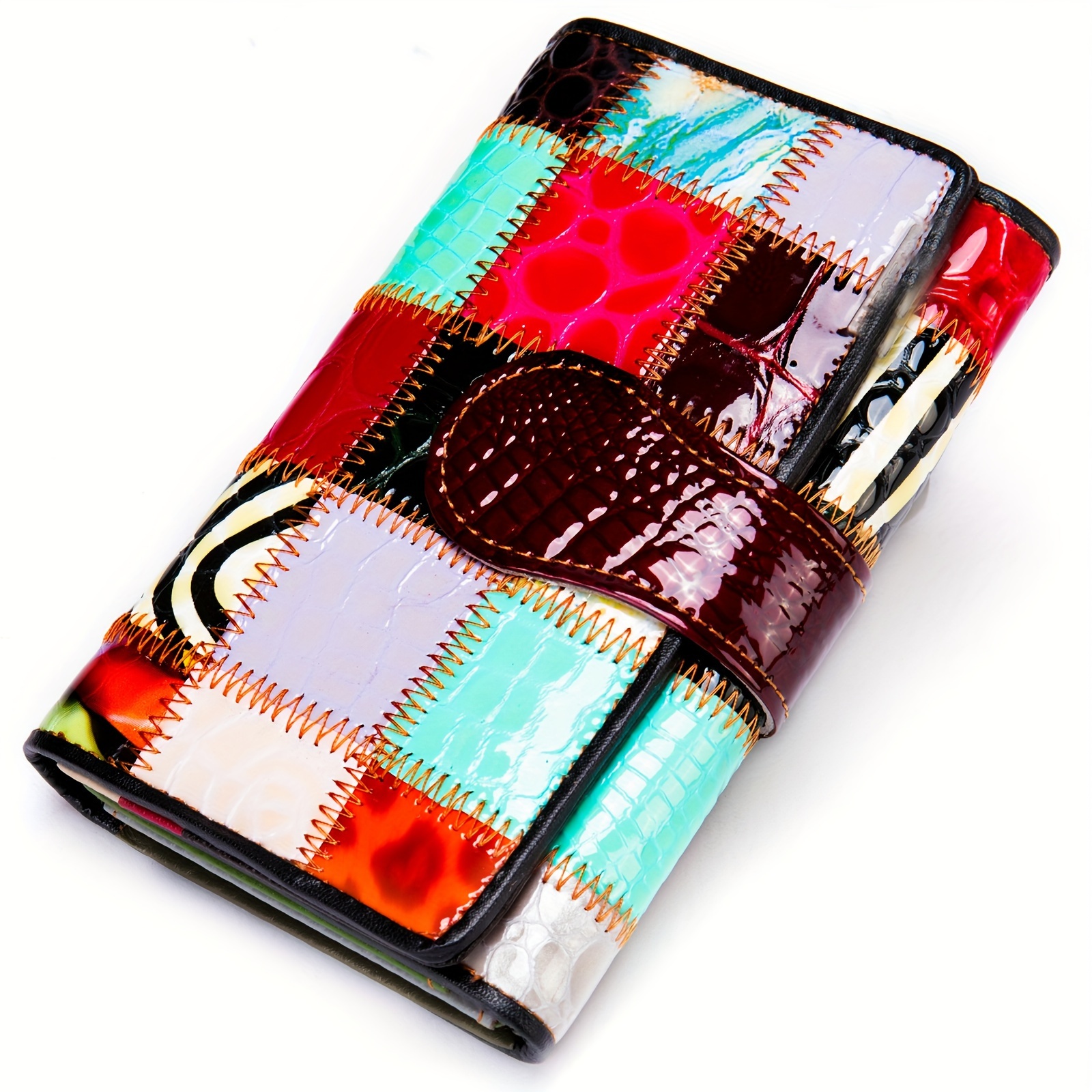 Color Block Printed Flap Wallet Multi functional Genuine - Temu New Zealand
