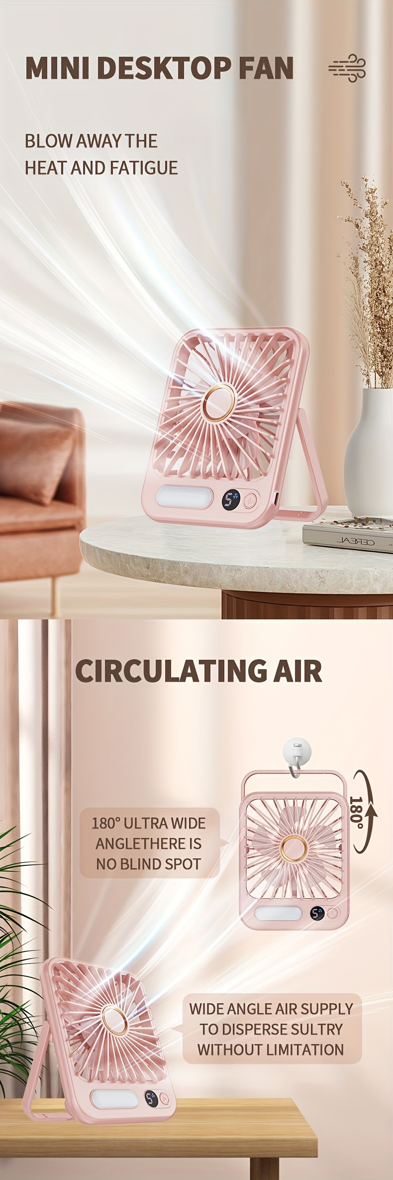 Portable Desktop Fan 180° Foldable, Large Battery Powered Small ...