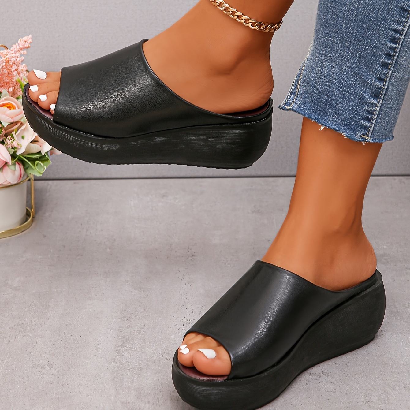 Solid Color Casual Sandals Women s Platform Slip Comfort - Temu Australia