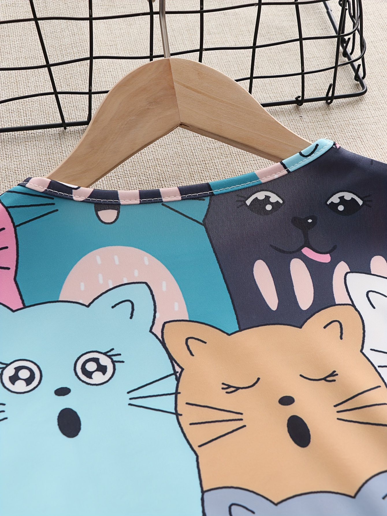 Splicing Cute Cartoon Kitty Graphic Short Sleeve Dress Girls - Temu ...