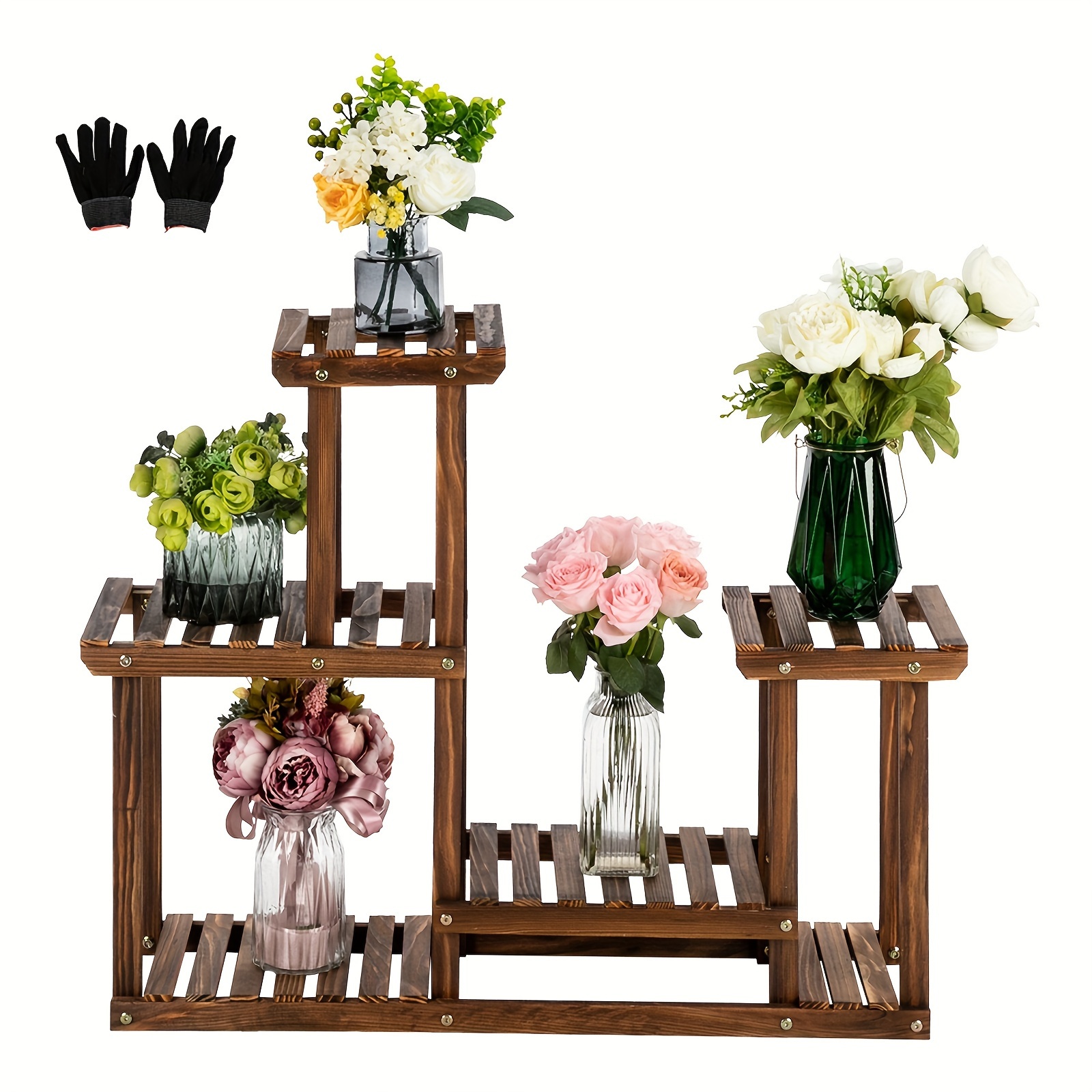 1pc Ustic Wooden Plant Stand 4 Tier Carbonized Style Indoor Outdoor ...