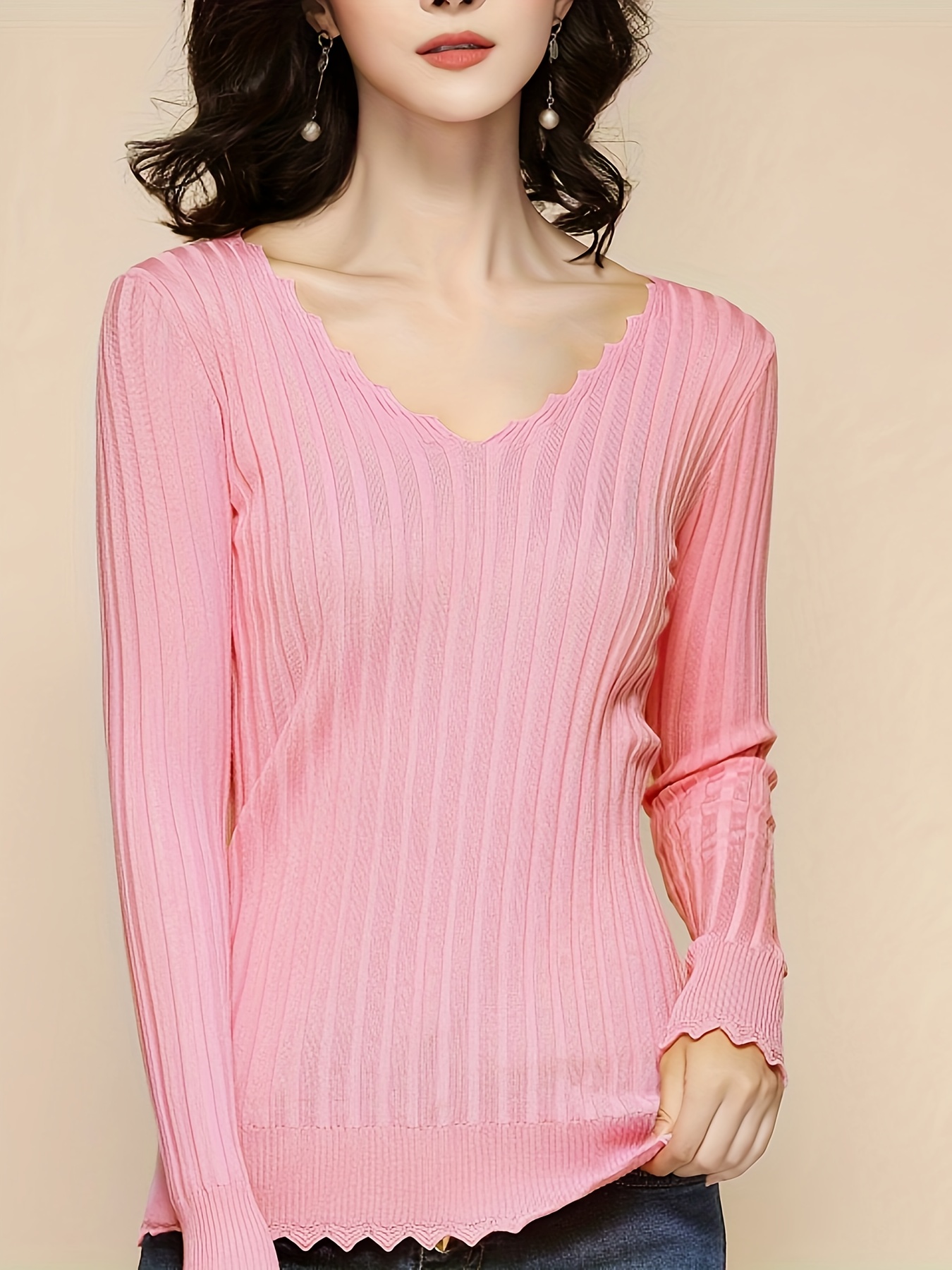 Solid V Neck Knit Sweater Elegant Long Sleeve Pullover - Temu Canada