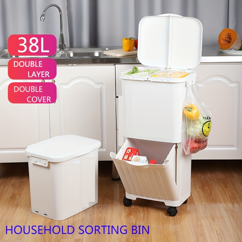 1pc Large Capacity Kitchen Trash Bin With Lid, Double Layer Wet And Dry ...