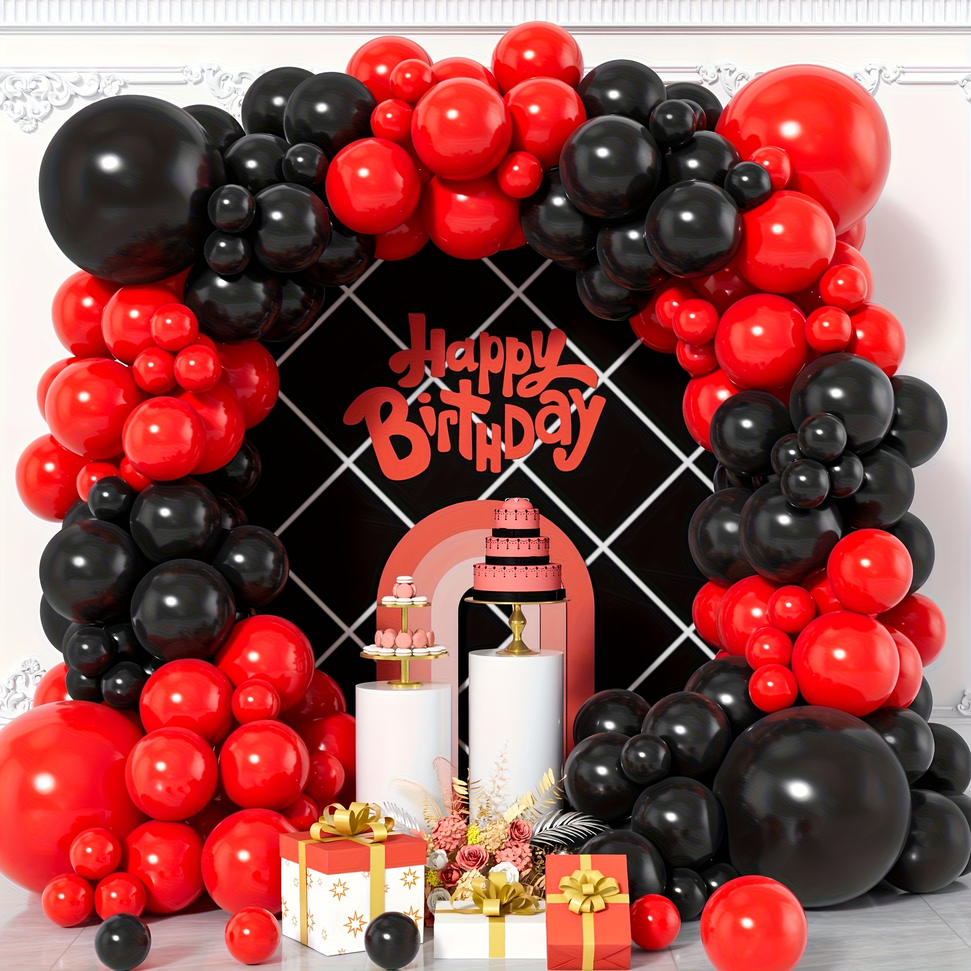 red and black party decorations sold on Temu United States