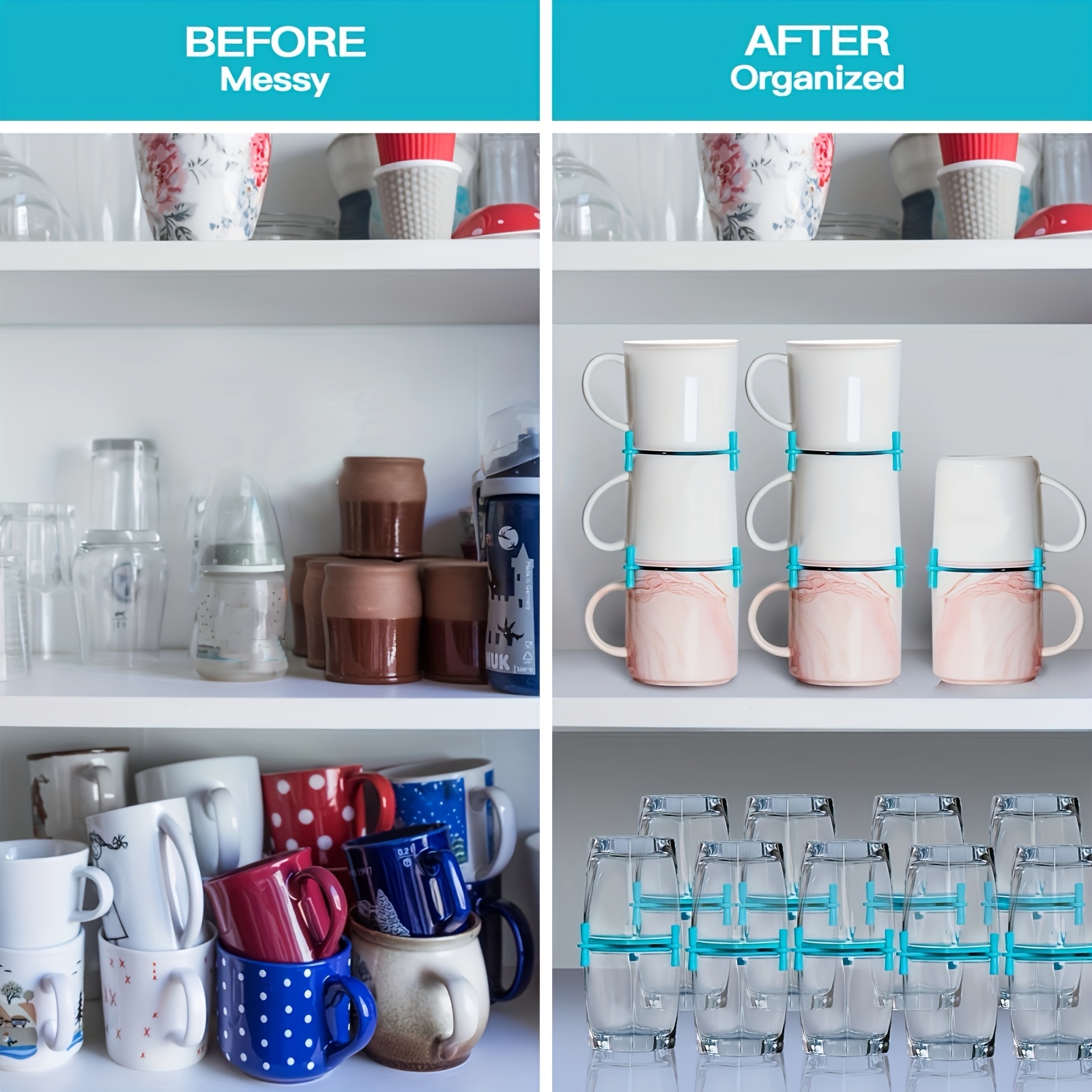 Mug Stacker 6 Pack Coffee Mug Organizer and Storage Rack Kitchen Cabinet Shelf Organizer Cupboard and Pantry Organization Mug Coffee Tea Cup