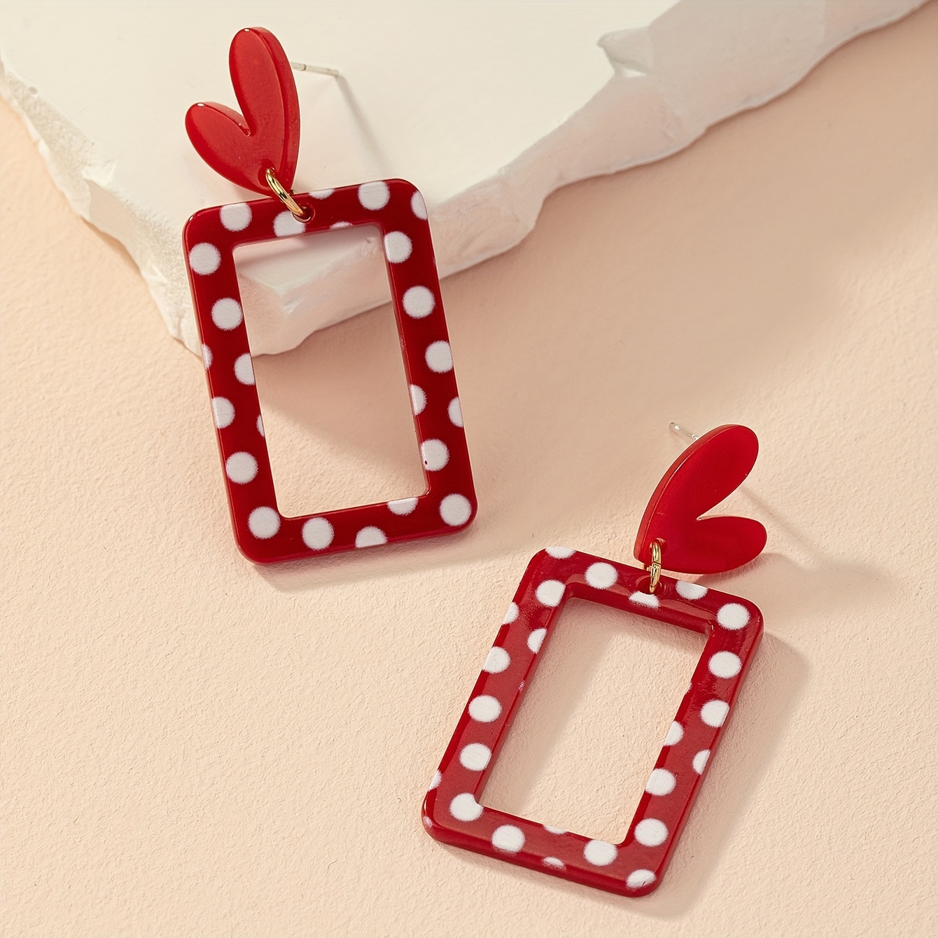 Red Heart Hollow Rectangle Shape Dot Pattern Dangle Earrings - Temu New ...
