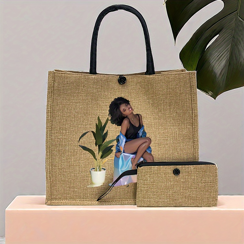 2pcs Elegant Lady Pattern Tote Bag Set Fashion Burlap - Temu New Zealand