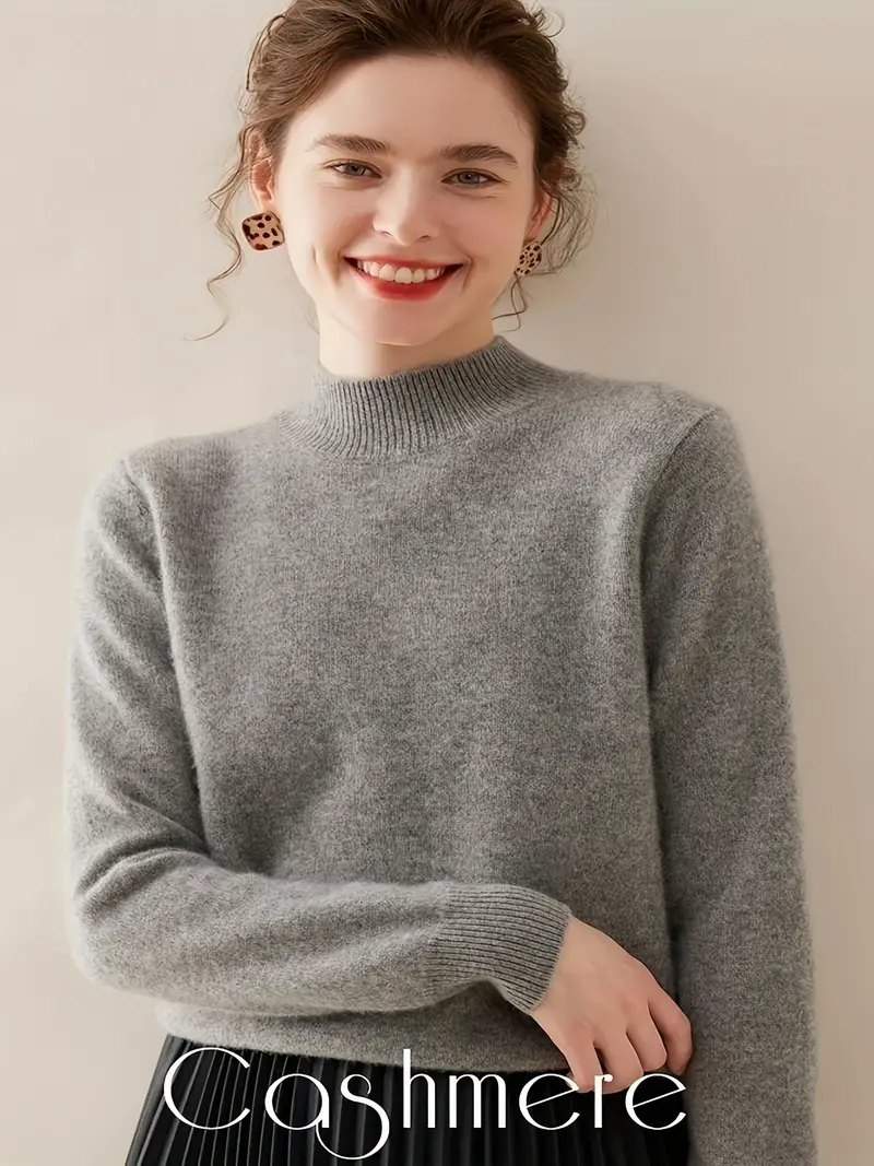 Mock Neck Solid Color Sweater Elegant Long Sleeve Sweater For Fall