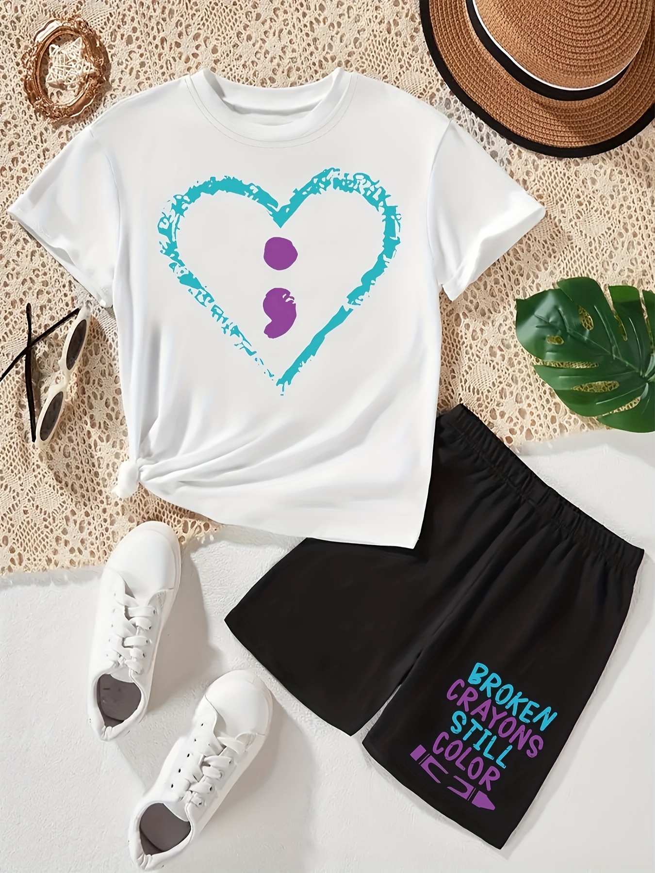 Comfy Short Sleeve T shirt Loose Shorts Heart Semi Colon - Temu New Zealand
