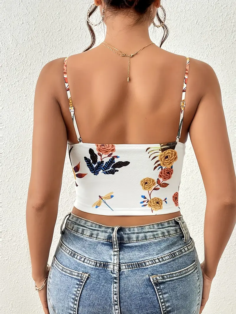 Floral Print Backless Crop Cami Top Elegant Chic Sleeveless Temu