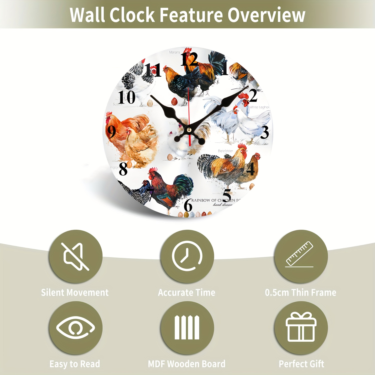 Battery Operated Round Wooden Clocks Farm Hen - Temu Philippines