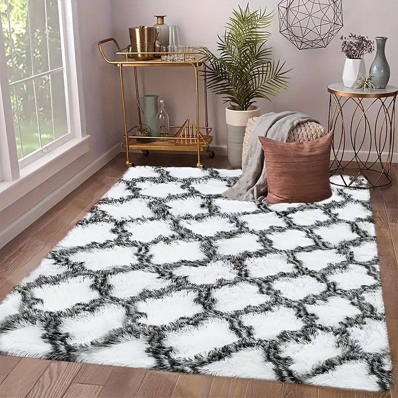 Geometric Plush Area Rug, Non-slip Shag Carpet For Living Room Bedroom ...