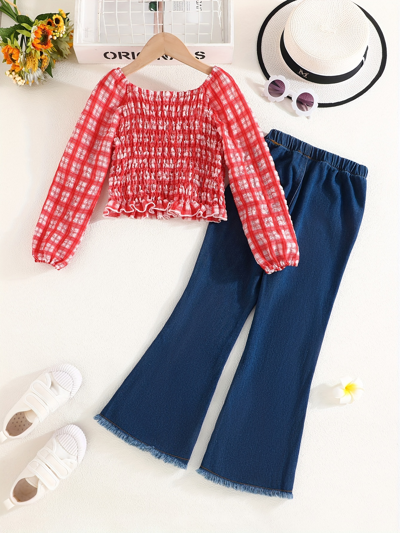 Plaid Long Sleeve Pullover Top Elegant Girls + Ram Hem Flare - Temu ...