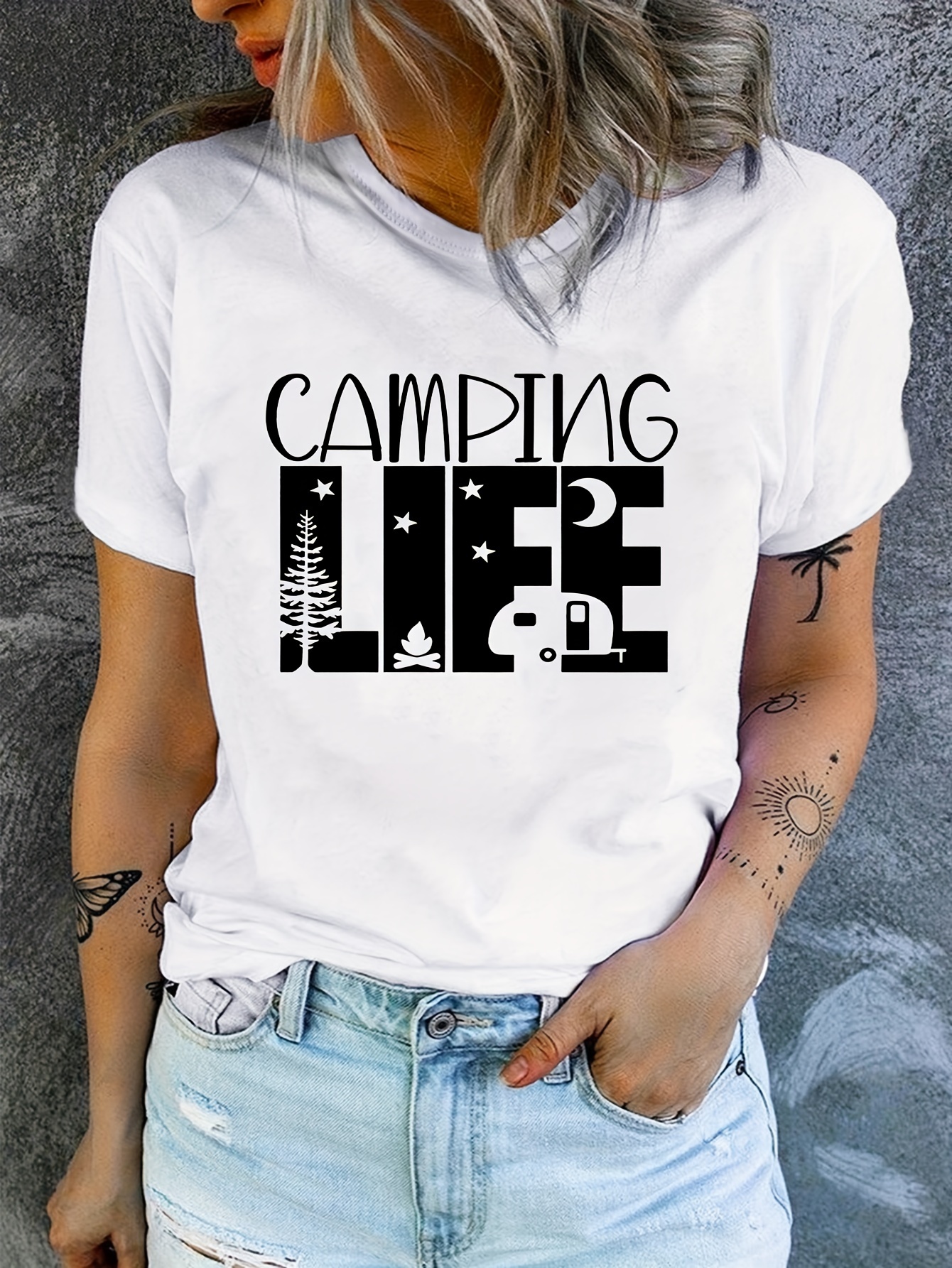 Camping Life Print T shirt Short Sleeve Crew Neck Casual Top - Temu United Kingdom
