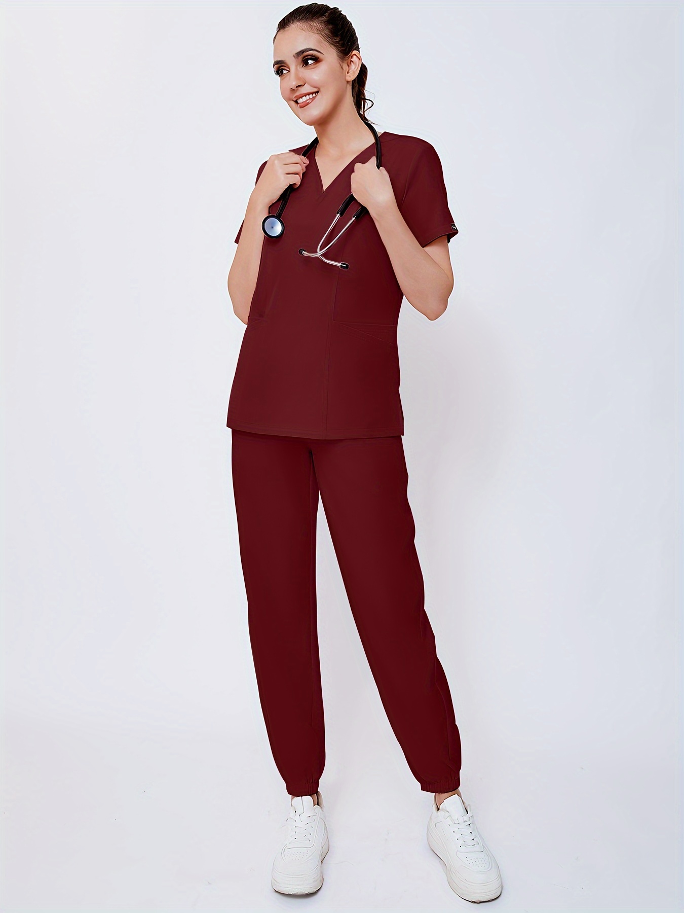 Solid Scrub Two piece Set Short Sleeve V Neck Workwear Pants - Temu