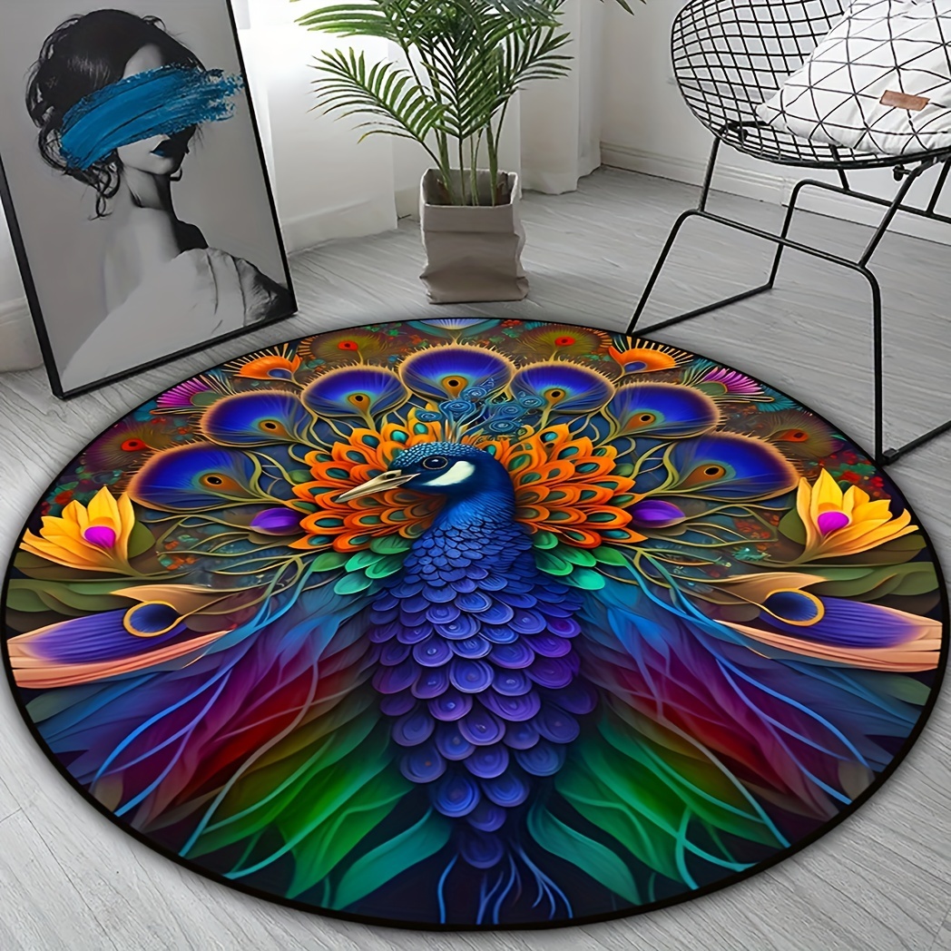 Peacock Pattern Round Area Rug Non Slip Washable Rug Living - Temu ...