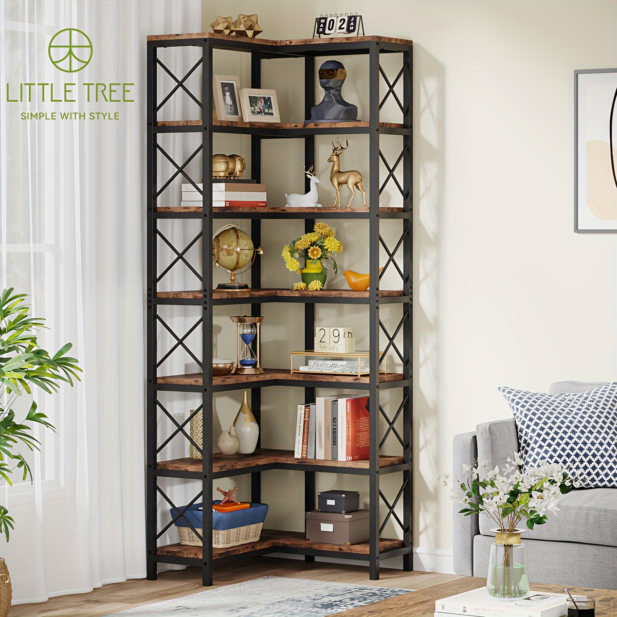 7 shelf industrial corner bookshelf tall metal frame etagere Temu Canada