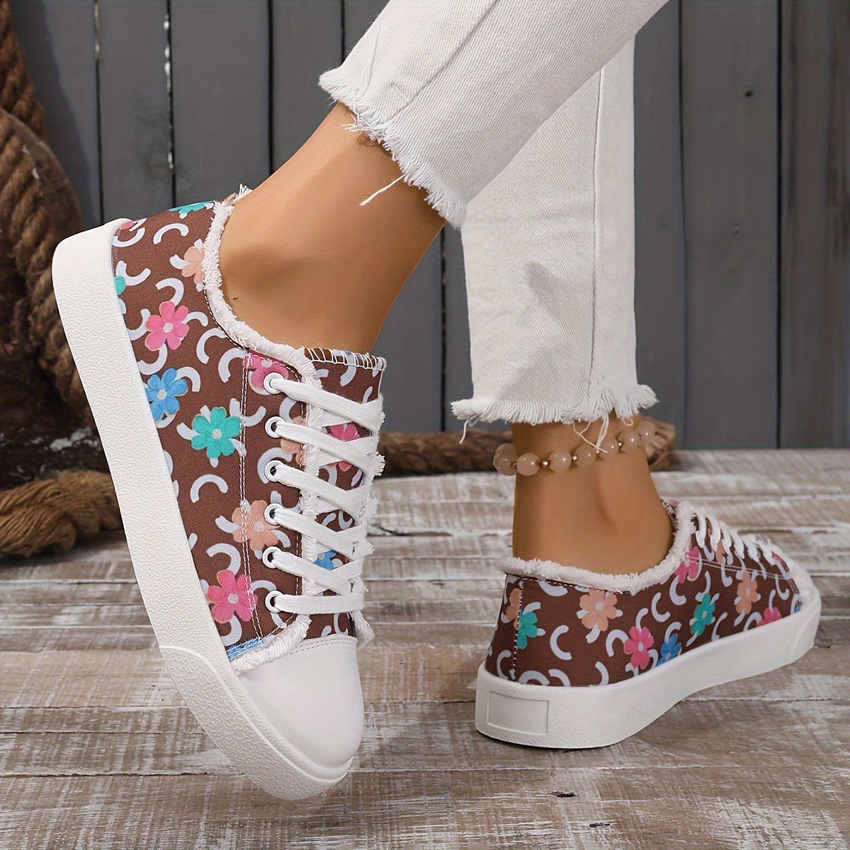 Patike sa cvetnim printom za žene pertle lagane ravne mekane - Temu