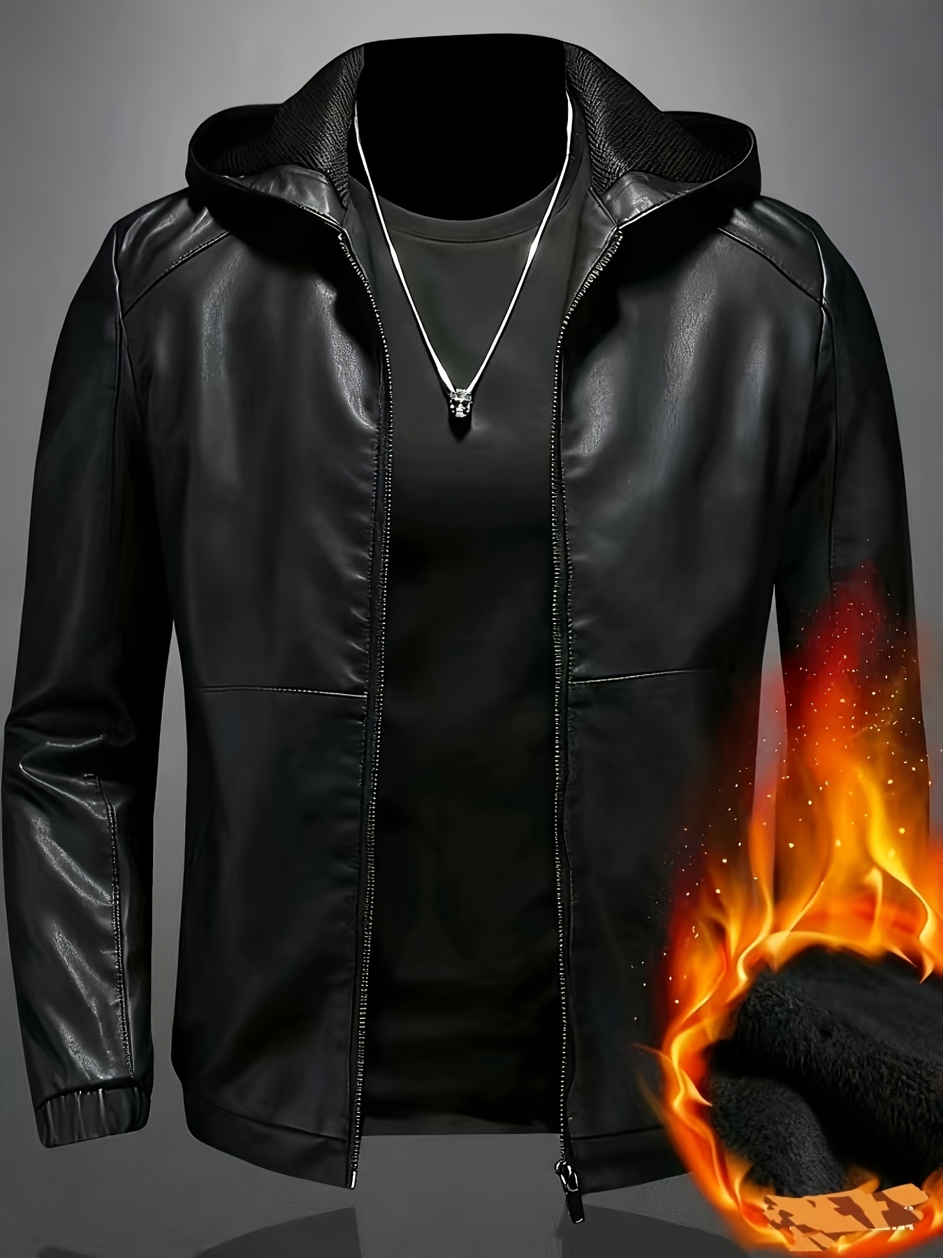 leather jacket with hoodie sold on Temu United States