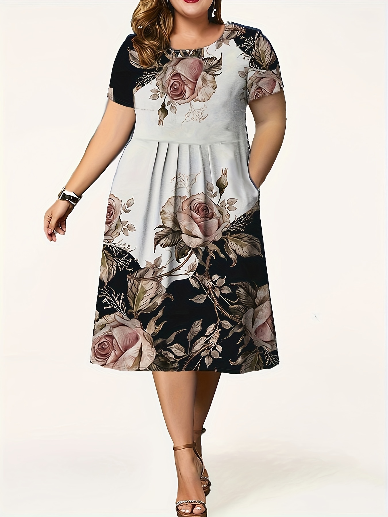 Floral Print Pleated Dress Plus Size Casual Crew Neck Short - Temu New Zealand