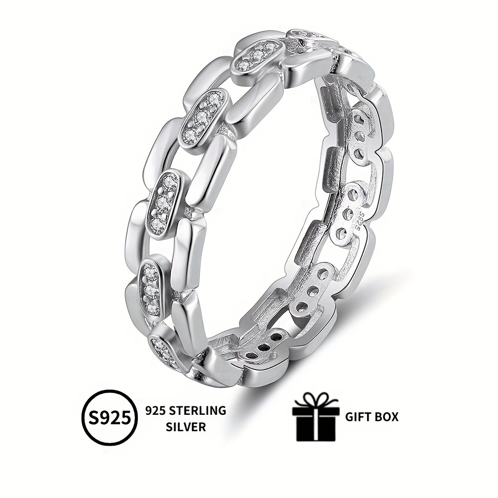 925 Sterling Silver Ring Cubic Zirconia Decor Chain Design - Temu ...