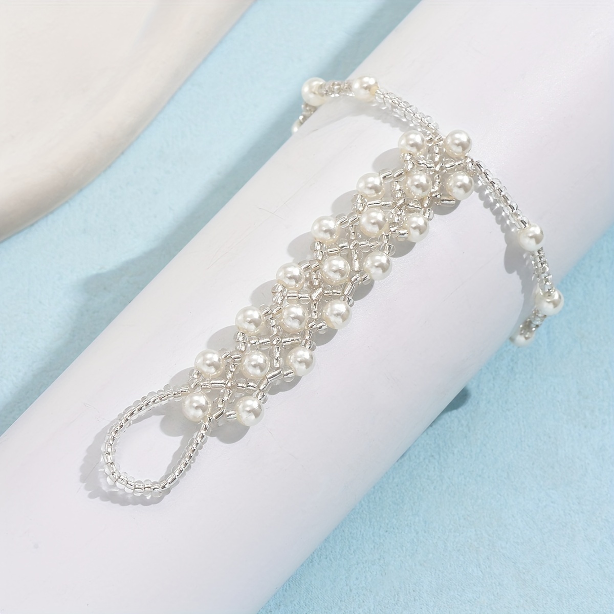 white pearls beads toe ring anklet elegant foot back - {region_name}